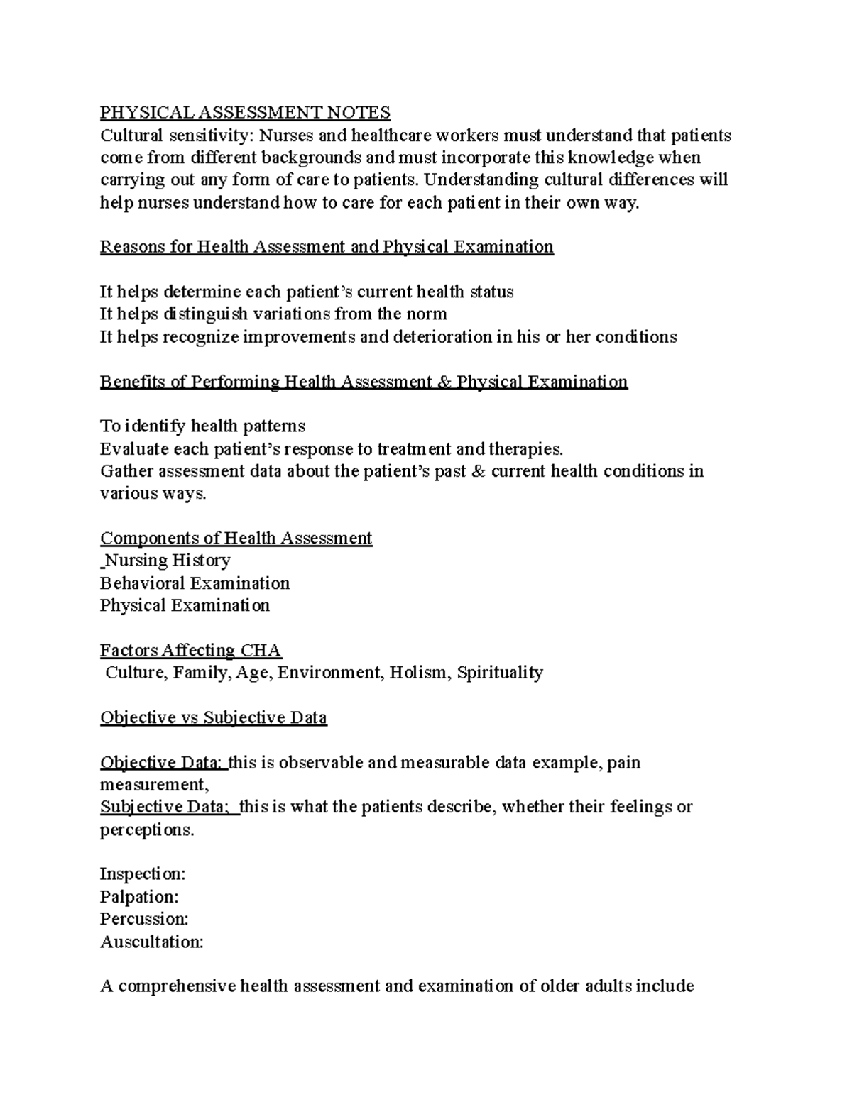Physical assessment notes - PHYSICAL ASSESSMENT NOTES Cultural ...
