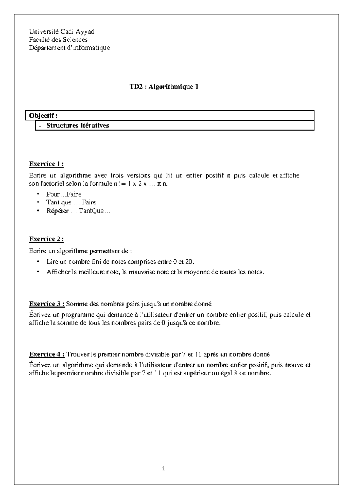 TD 2 algo - td algo s2 - 1 Université Cadi Ayyad Faculté des Sciences Département d’informatique ...