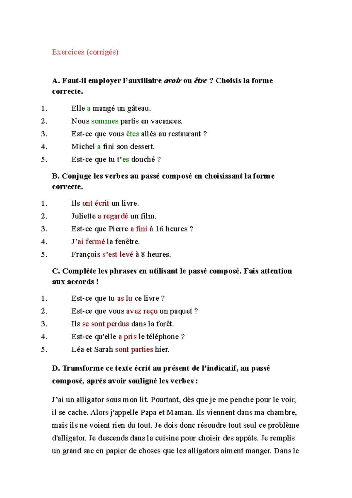 Exercices Passé Composé Corrigés - Exercices (corrigés) A. Faut-il ...
