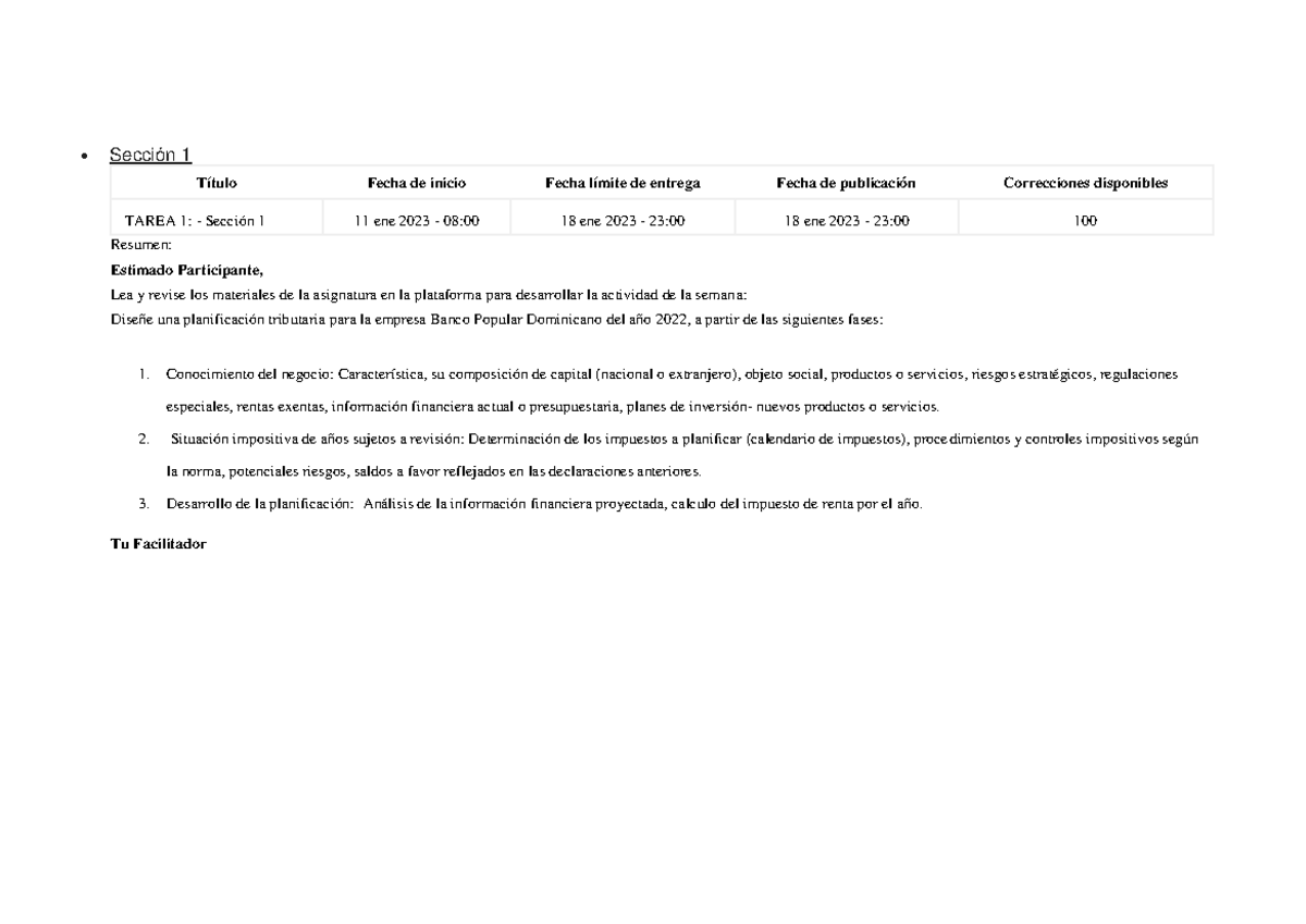 Tarea 1 - listo - Sección 1 Título Fecha de inicio Fecha límite de entrega Fecha de publicación ...