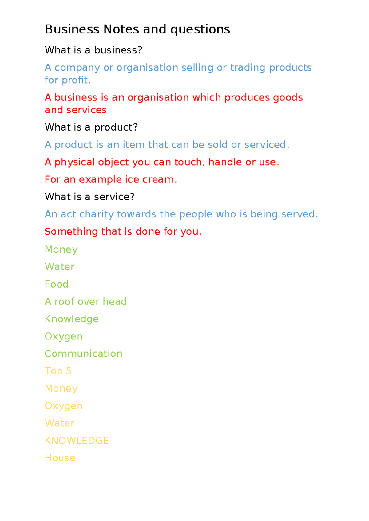 What is a business - none - Business Notes and questions What is a ...