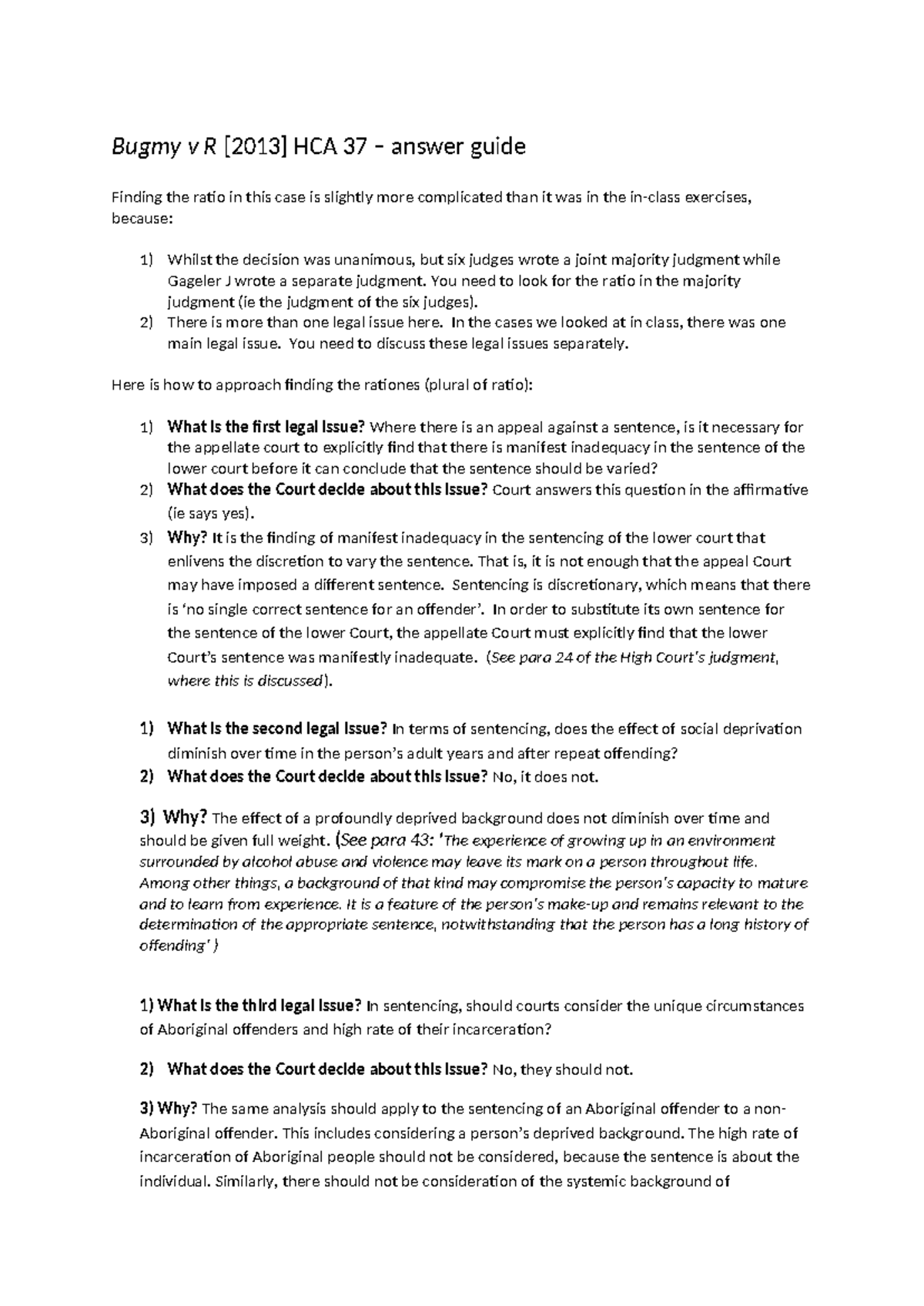 Bugmy ratio answer guide - Bugmy v R [2013] HCA 37 – answer guide ...