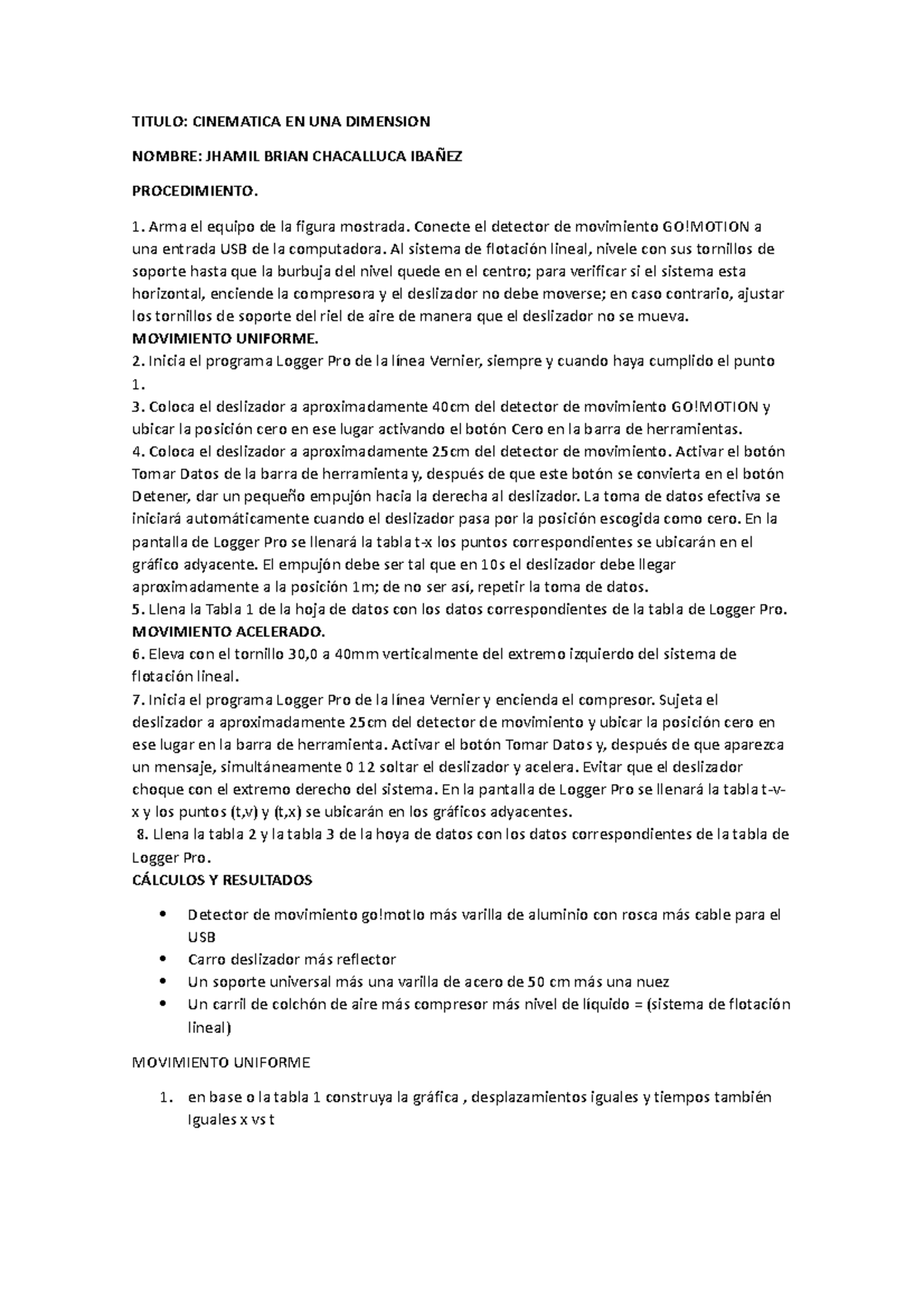 Cinematica - TITULO: CINEMATICA EN UNA DIMENSION NOMBRE: JHAMIL BRIAN ...