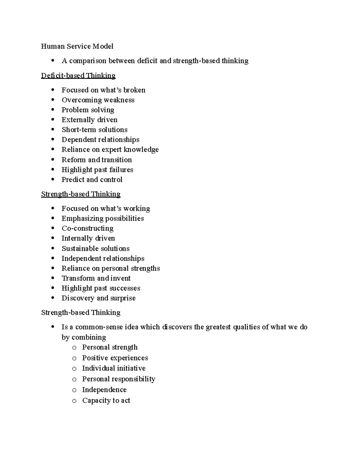 Comparison of Human Service Models: Deficit vs Thinking Focused - Studocu