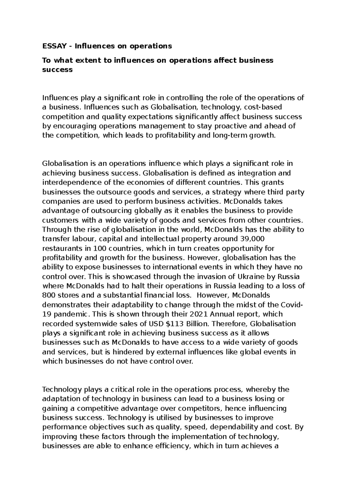 Operations Essay - ESSAY - Influences on operations To what extent to ...
