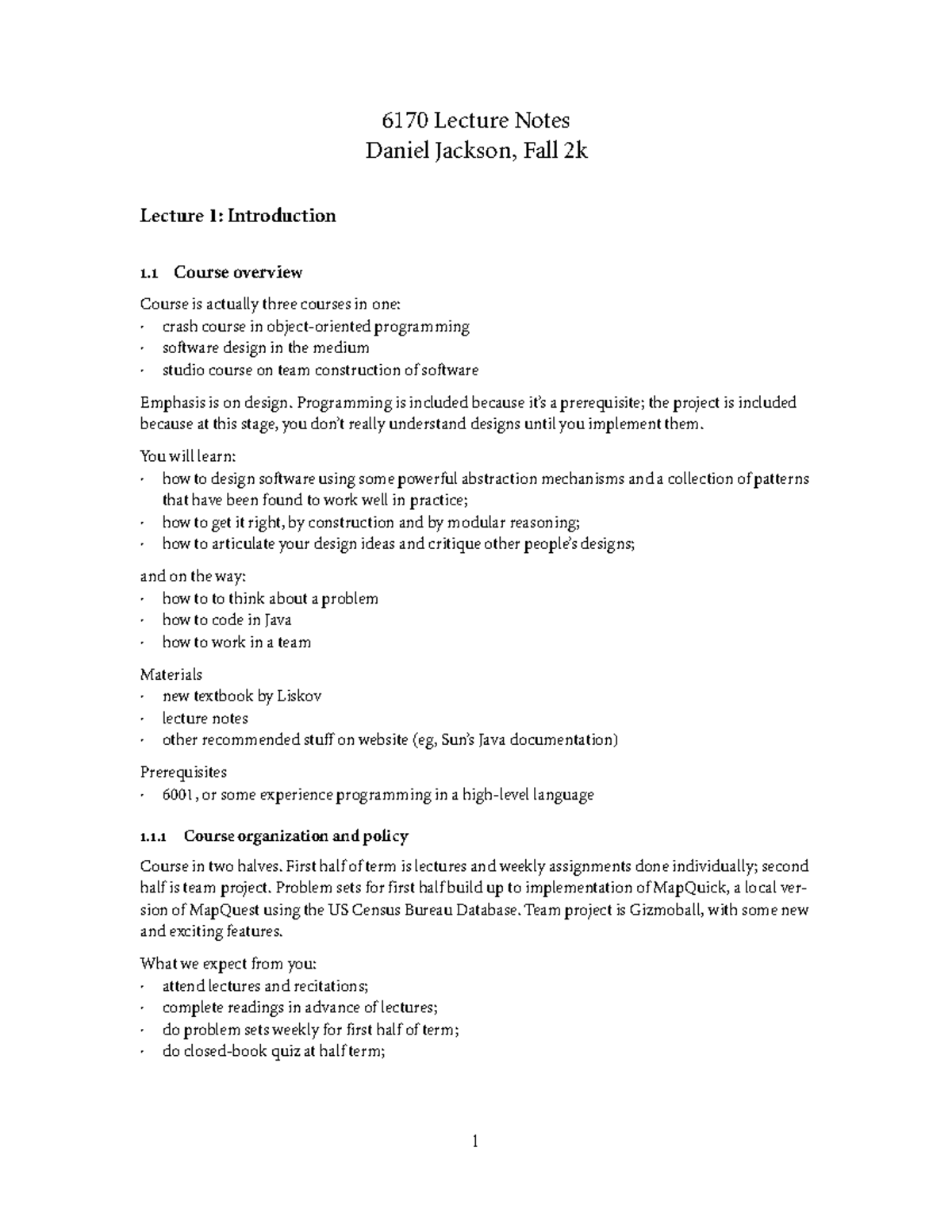 Lecture 1: Introduction - 6170 Lecture Notes Daniel Jackson, Fall 2k ...