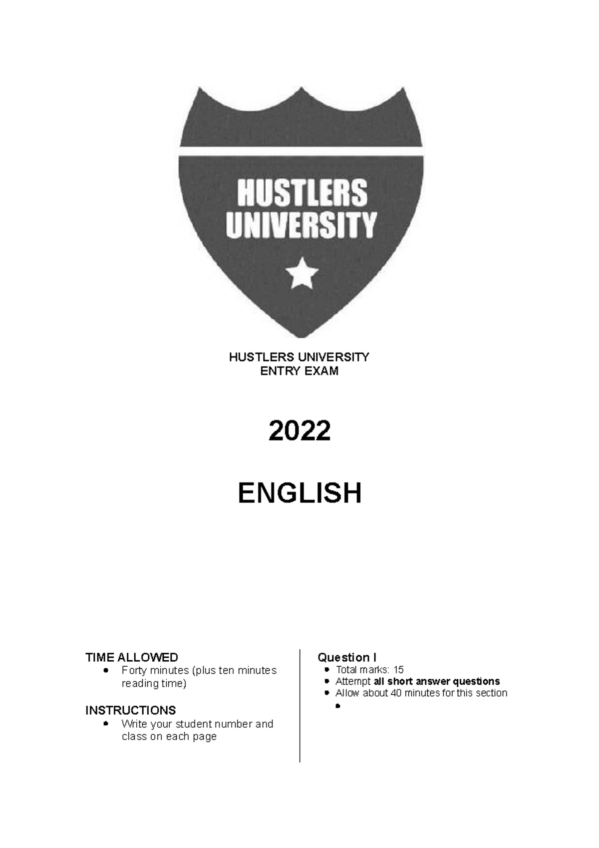 Leaked 2022 Hustlers University Entrance Exam English ...