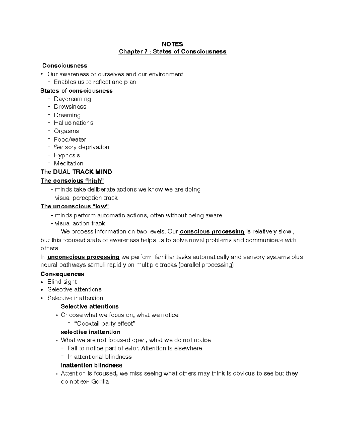 Chapter 7 consciousness Notes - NOTES Chapter 7 : States of ...