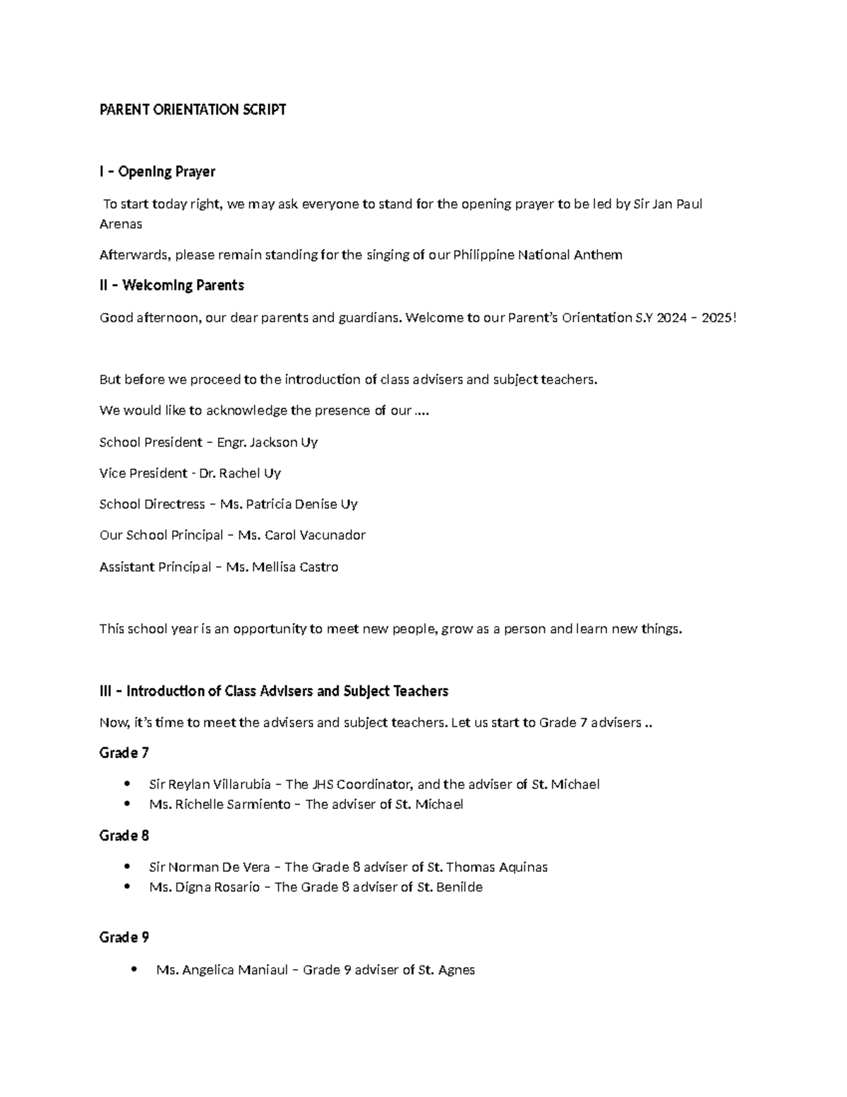 Parent Orientation Script - PARENT ORIENTATION SCRIPT I – Opening ...