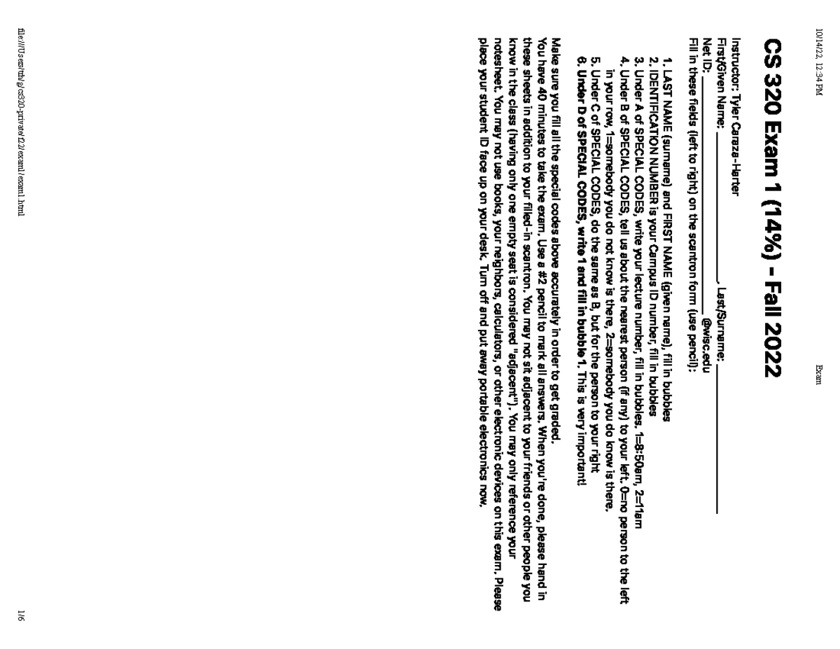 F22-midterm 1 - practice midterm - CS 320 Exam 1 (14%) - Fall 2022 ...