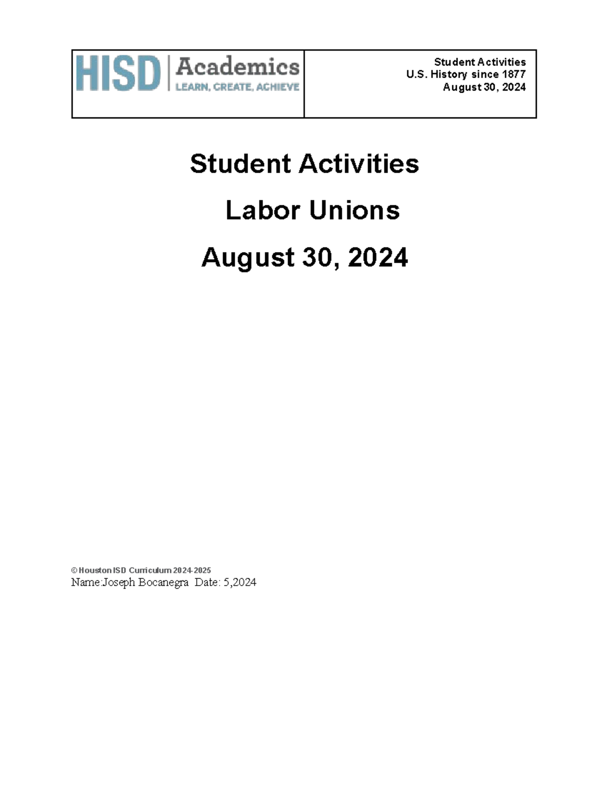 US Hist U1L7.5 Student Activity - Student Activities U. History since ...