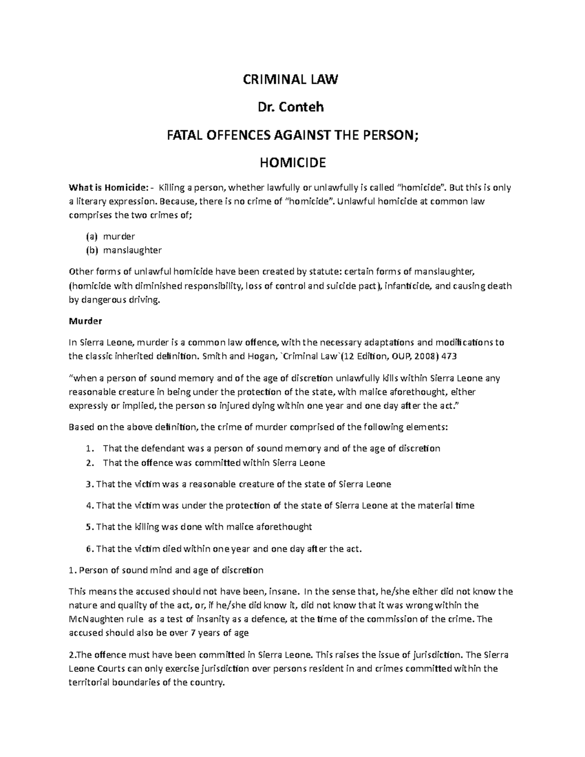 Criminal LAW Second slide - CRIMINAL LAW Dr. Conteh FATAL OFFENCES ...