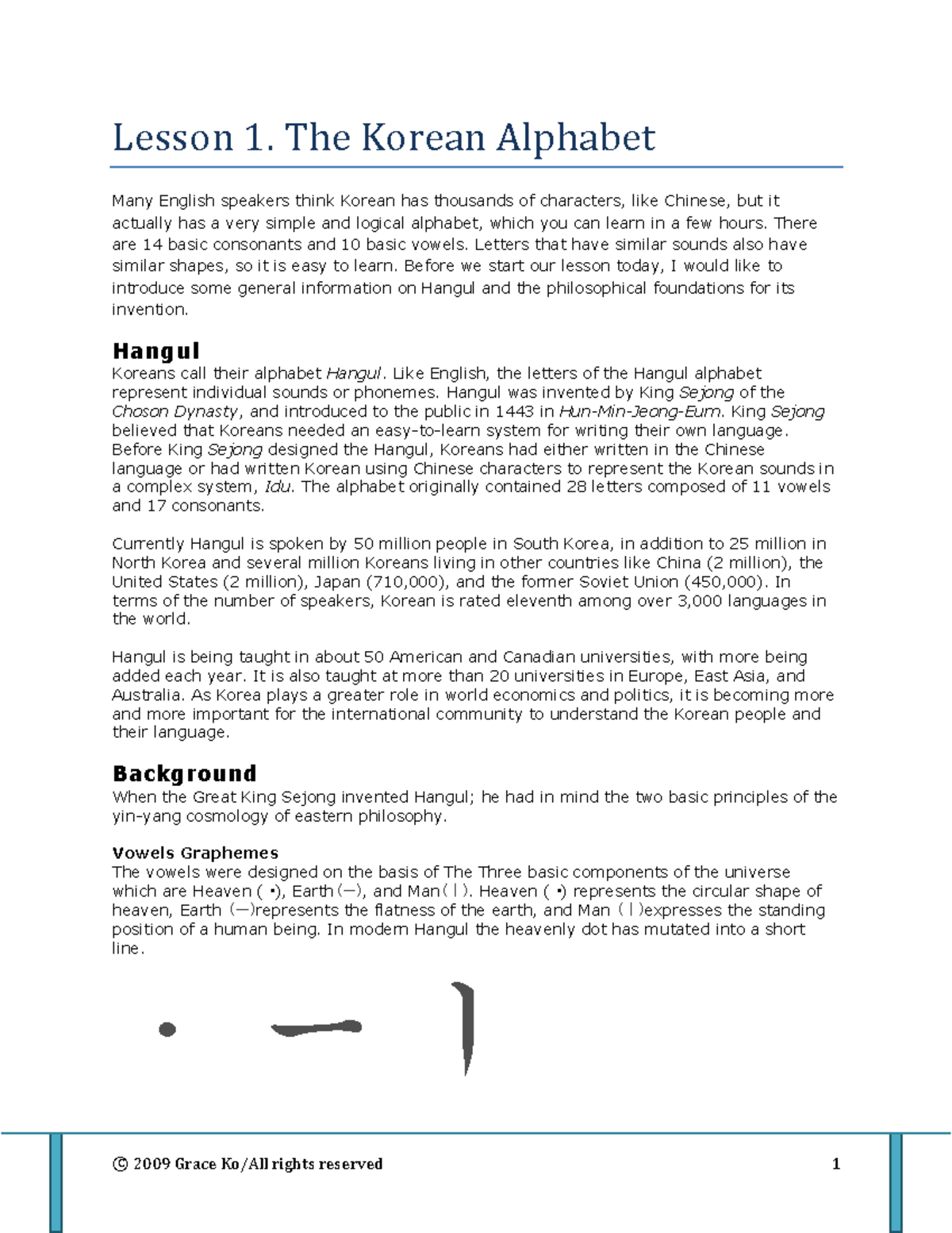 1. Introductory Korean - Lesson 1. The Korean Alphabet Many English ...