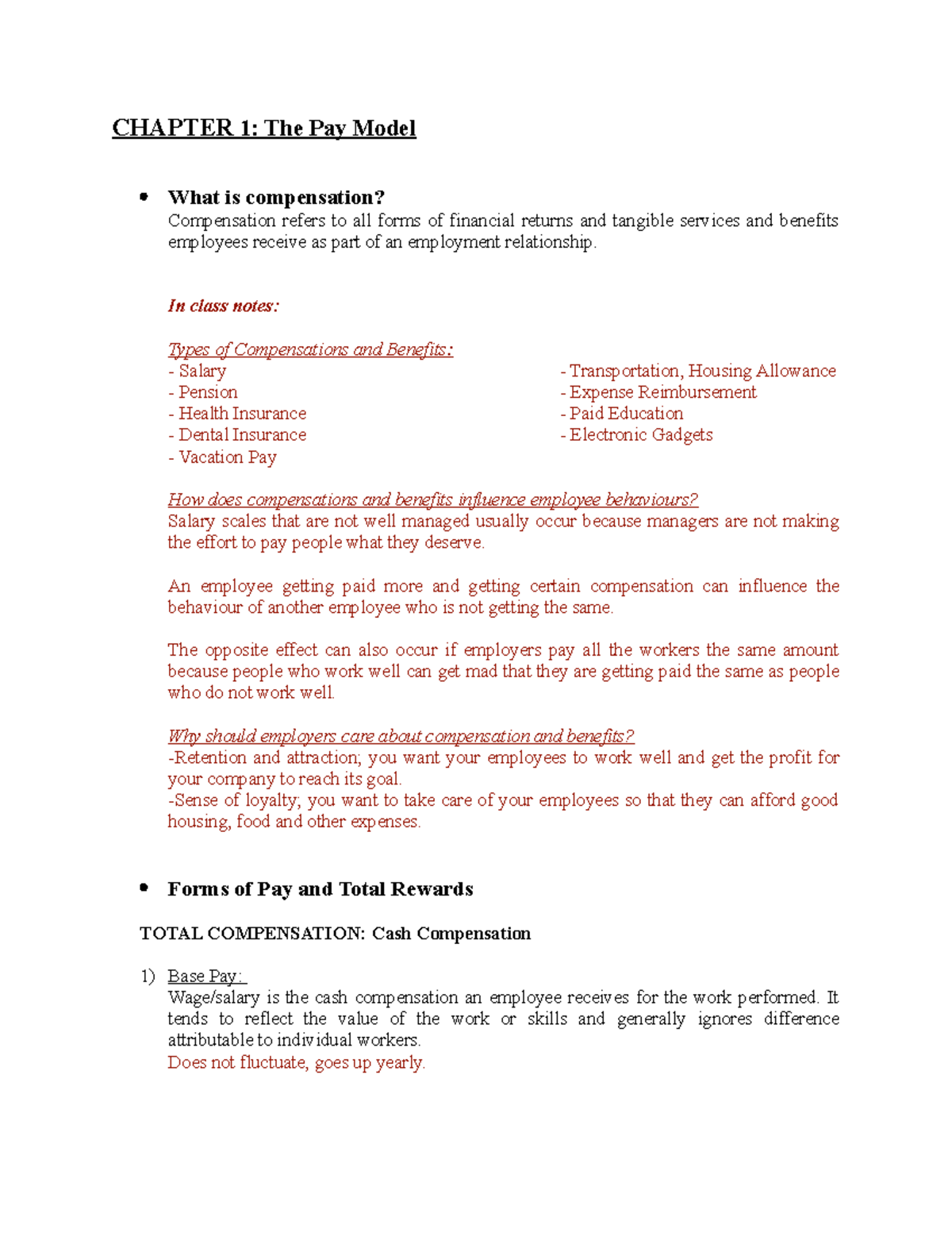 MANA443 - Notes - CHAPTER 1: The Pay Model What is compensation ...