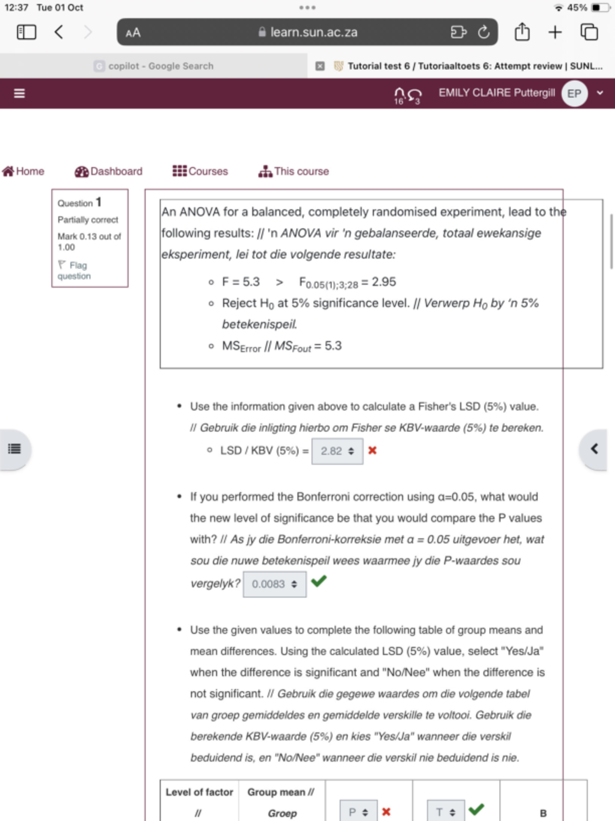 Concept 6 tut Test - Tut from second semester - 12:37 Tue 01 Oct 45% AA ...