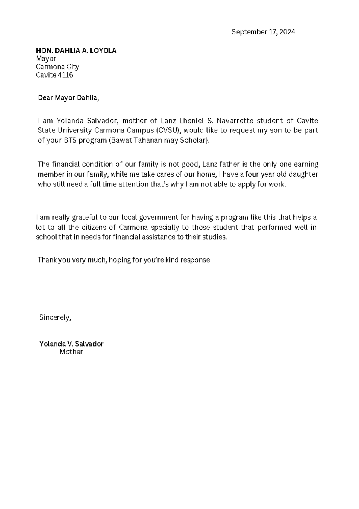 Lanz Navarrette letter of request - Sincerely, Dear Mayor Dahlia ...