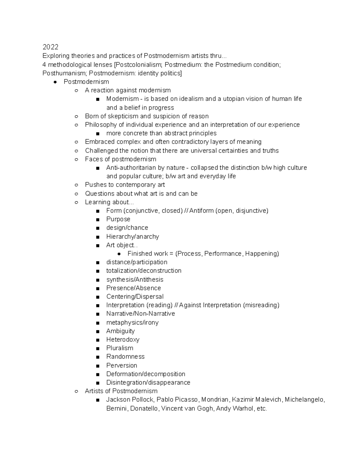 Postmodernism ARTH 4813 - intro notes from lecture - 2022 Exploring ...