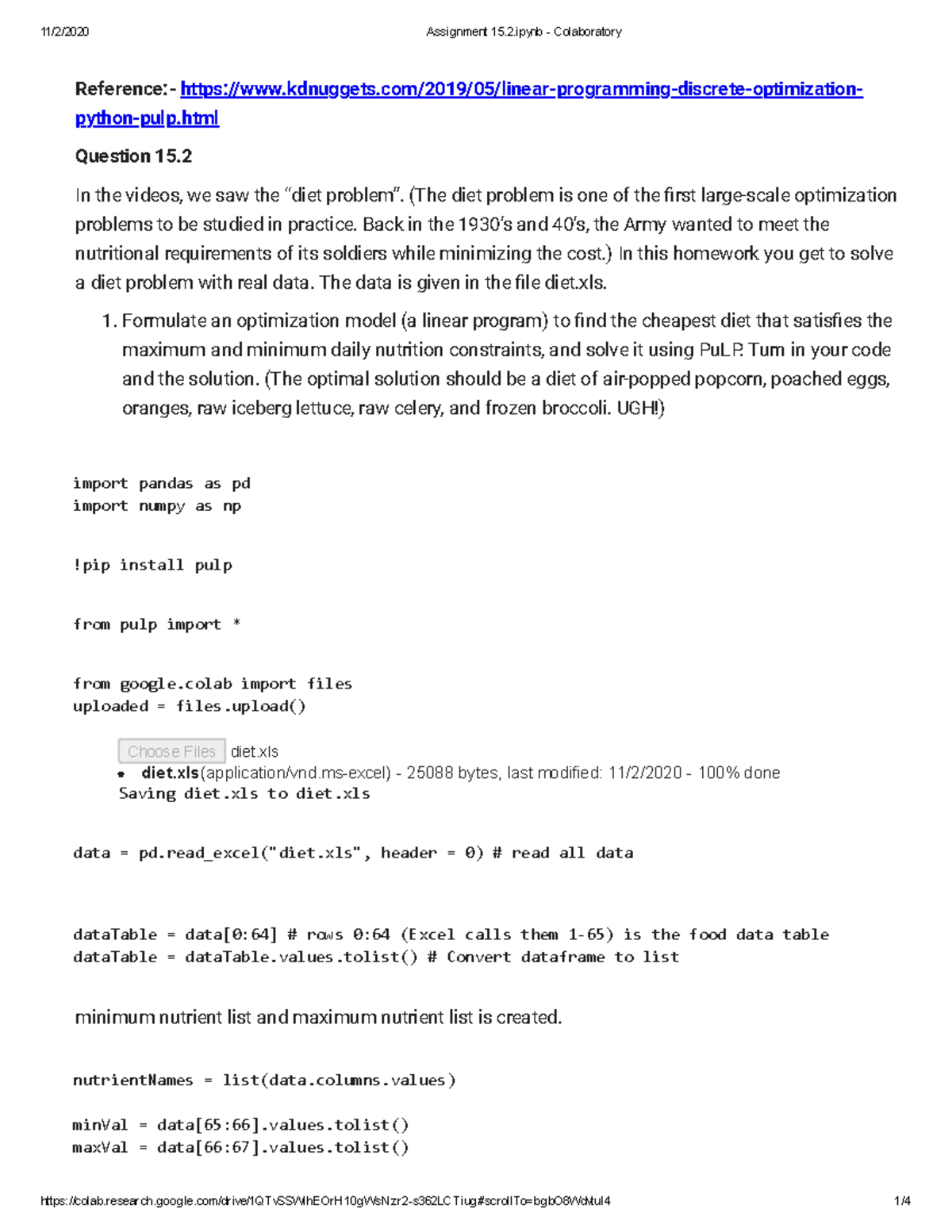 AD HW11 Full - Homework#11 - Optimization - 11/2/2020 Assignment 15.2 - Colaboratory - Studocu