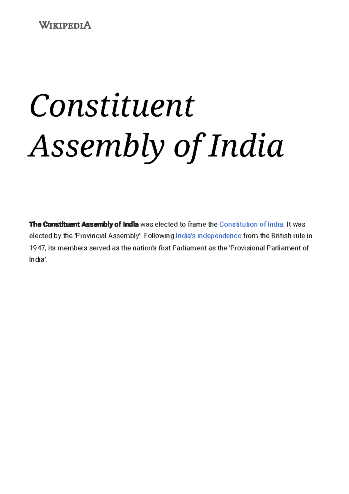 Constituent Assembly of India - It was elected by the 'Provincial ...