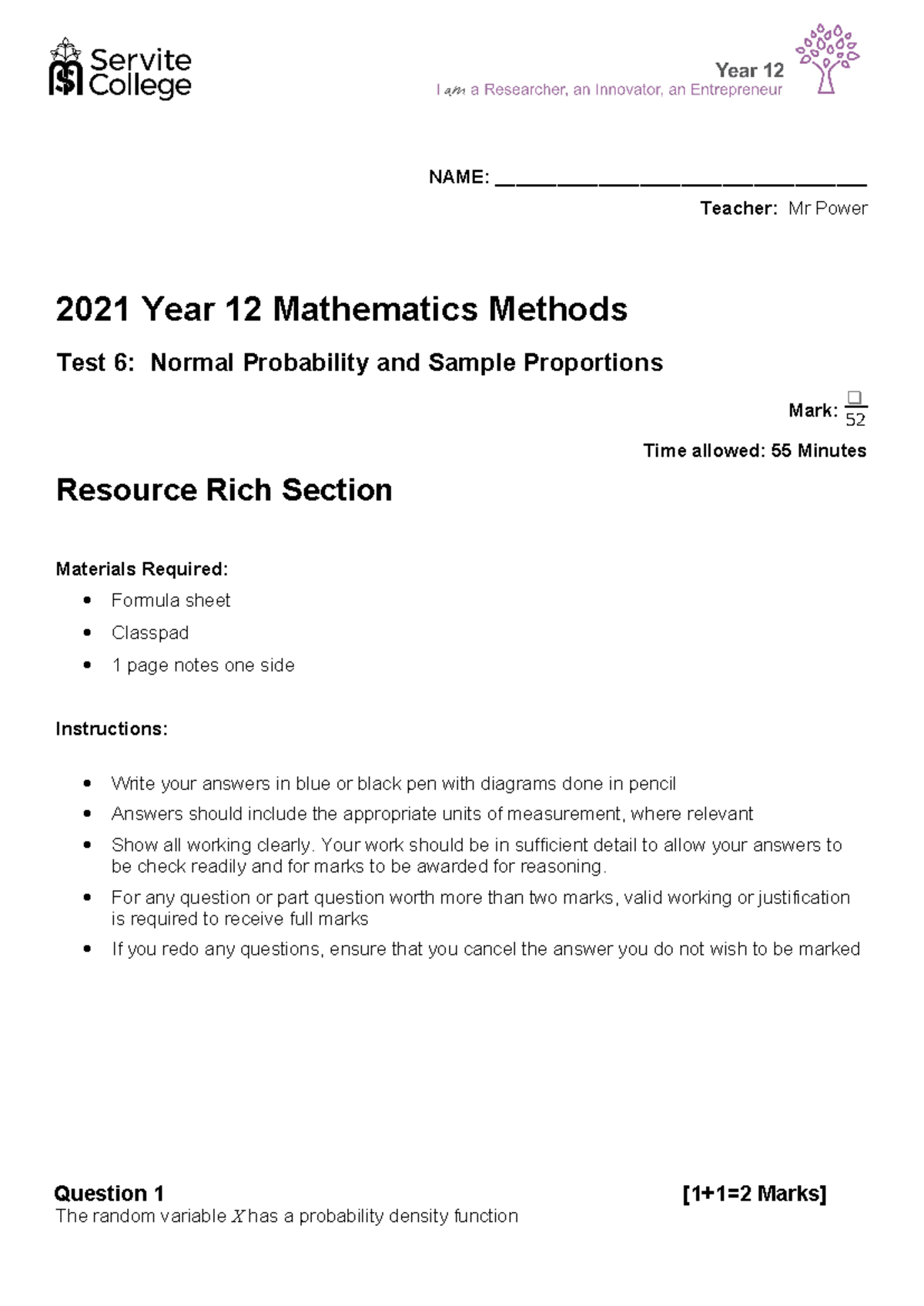 2021 Atmam Test 6 Normal Prob & Sample Proportions - NAME