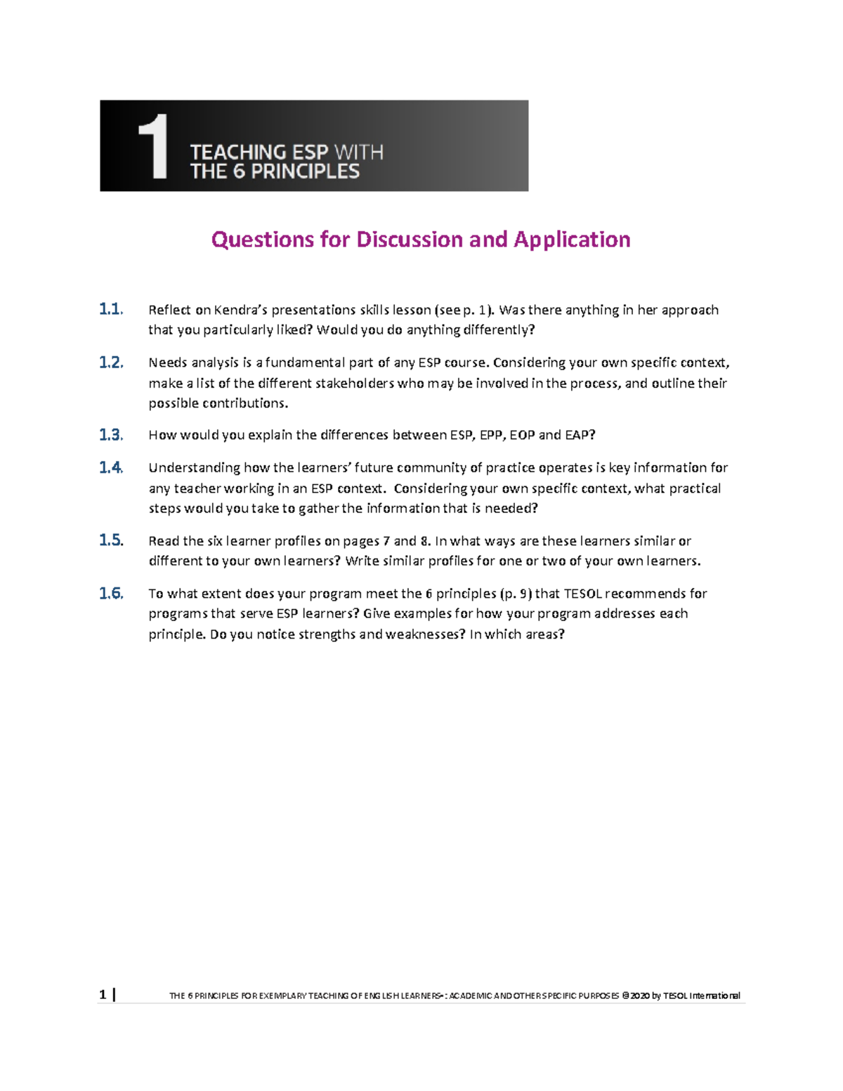 14139 discussion questions for chapter 1 - 1 | THE 6 PRINCIPLES FOR ...