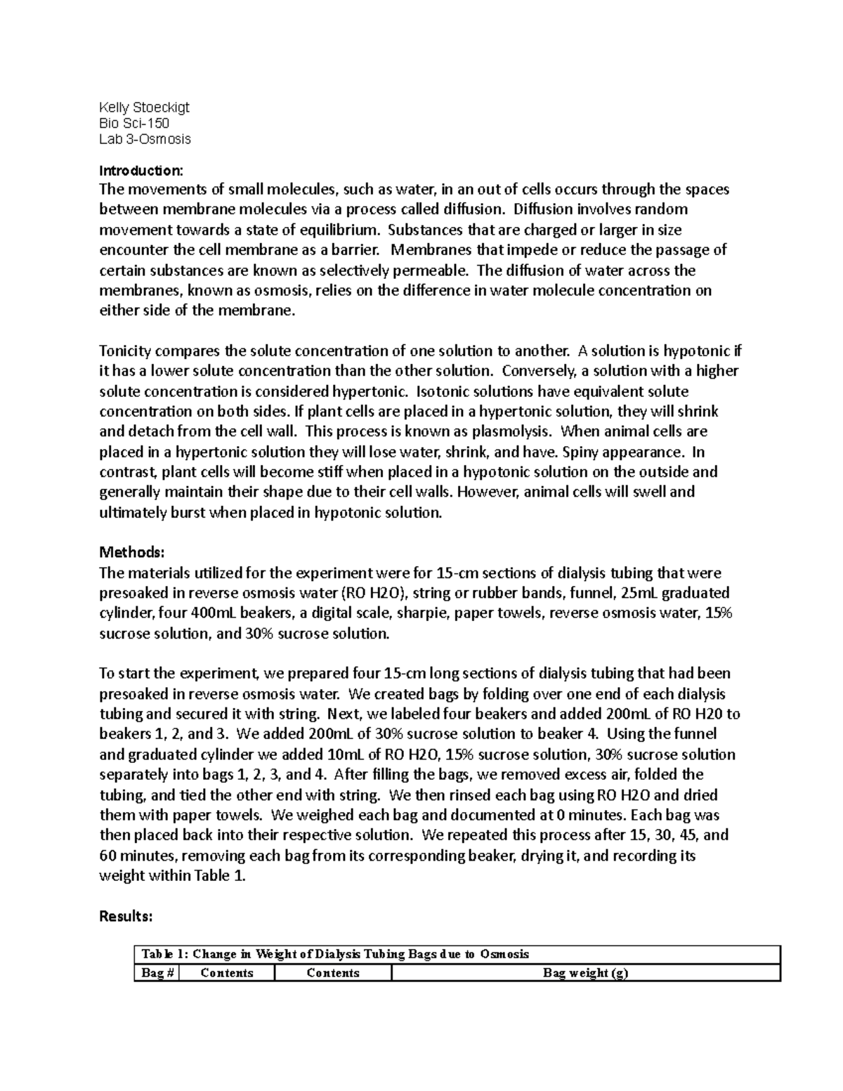 Osmosis Lab Interpretation - Kelly Stoeckigt Bio Sci- Lab 3-Osmosis ...