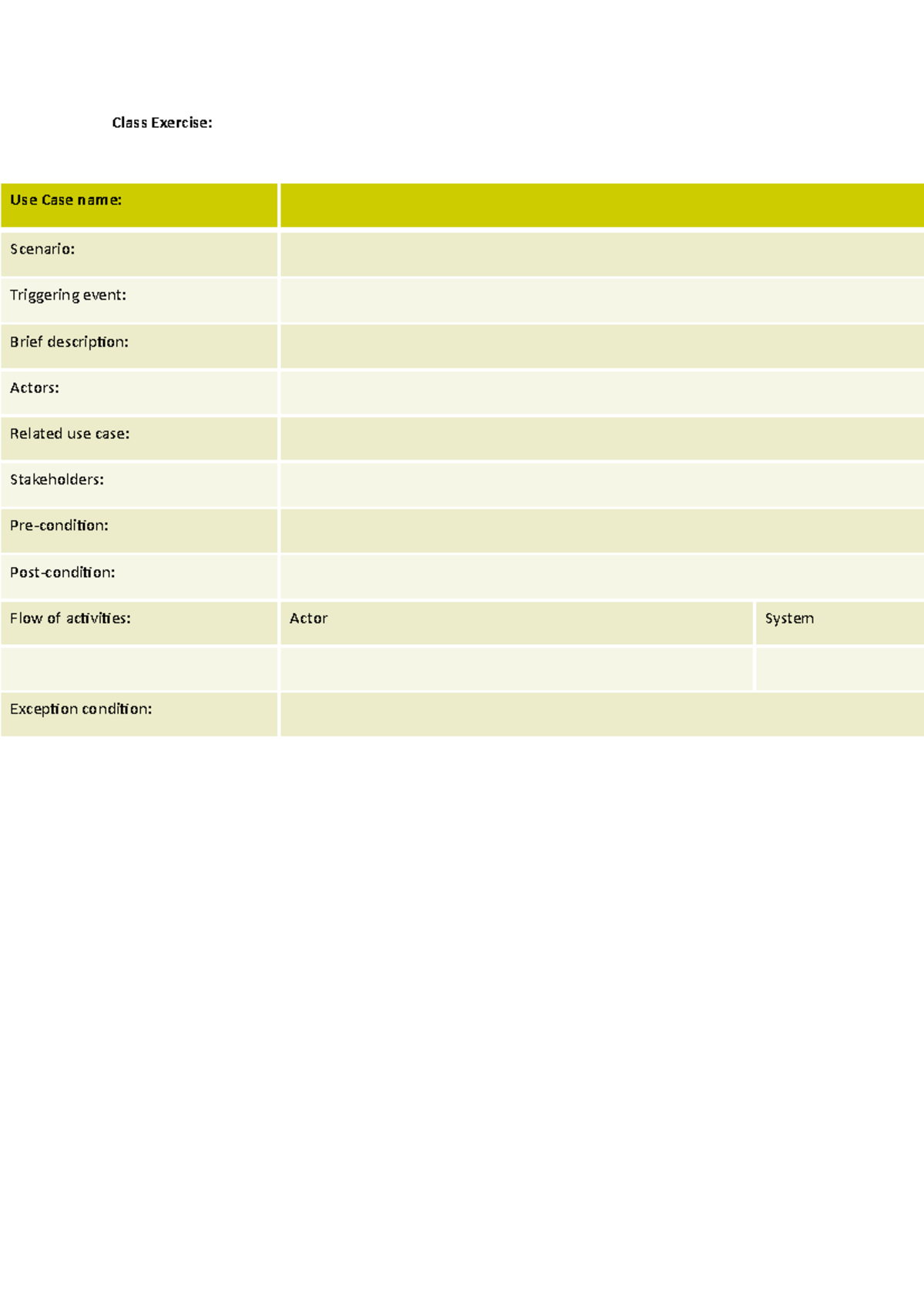UC Homework - Class Exercise: Use Case name: Scenario: Triggering event: Brief description ...