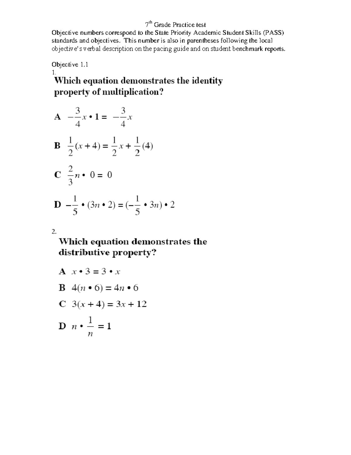 7th Grade Practice Test - 7 th Grade Practice test Objective numbers ...