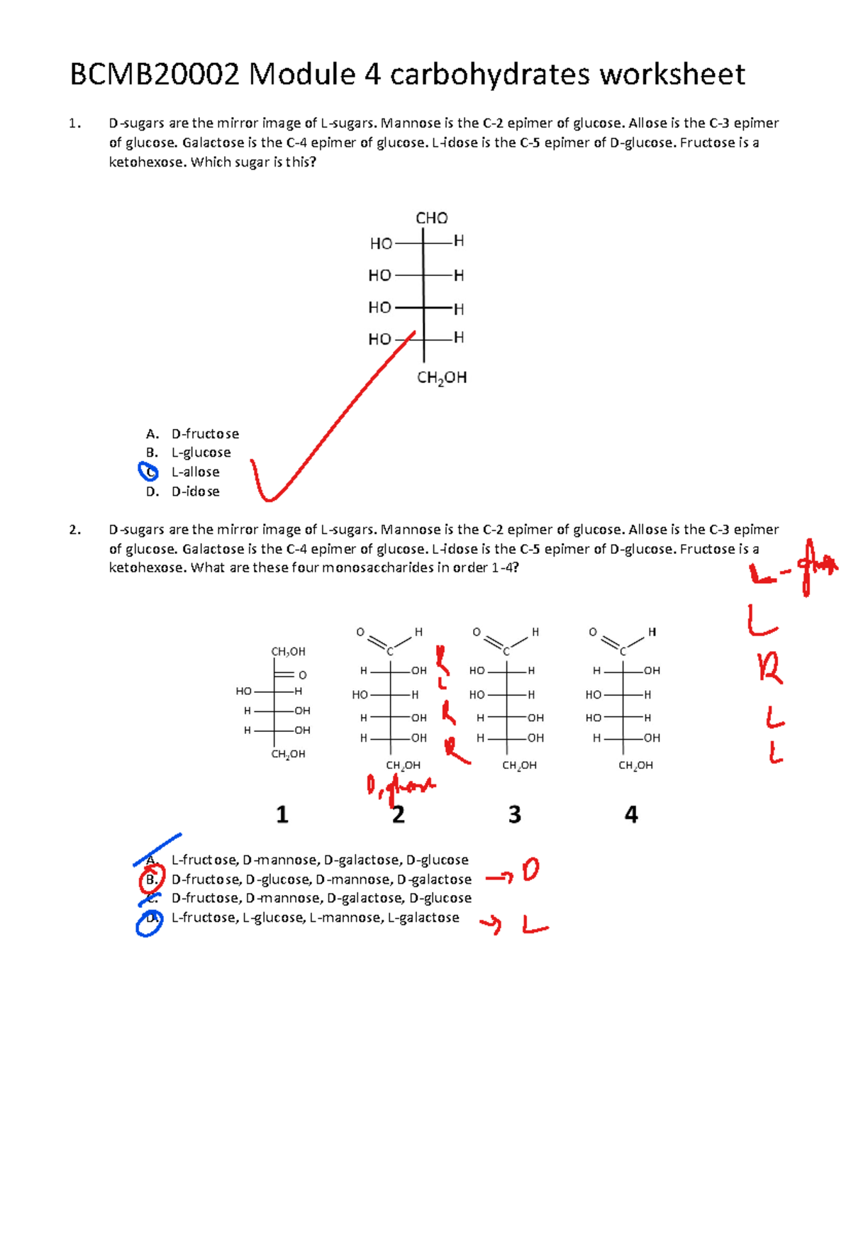 Module 4 carbohydrates worksheet without answers - D-sugars are the ...