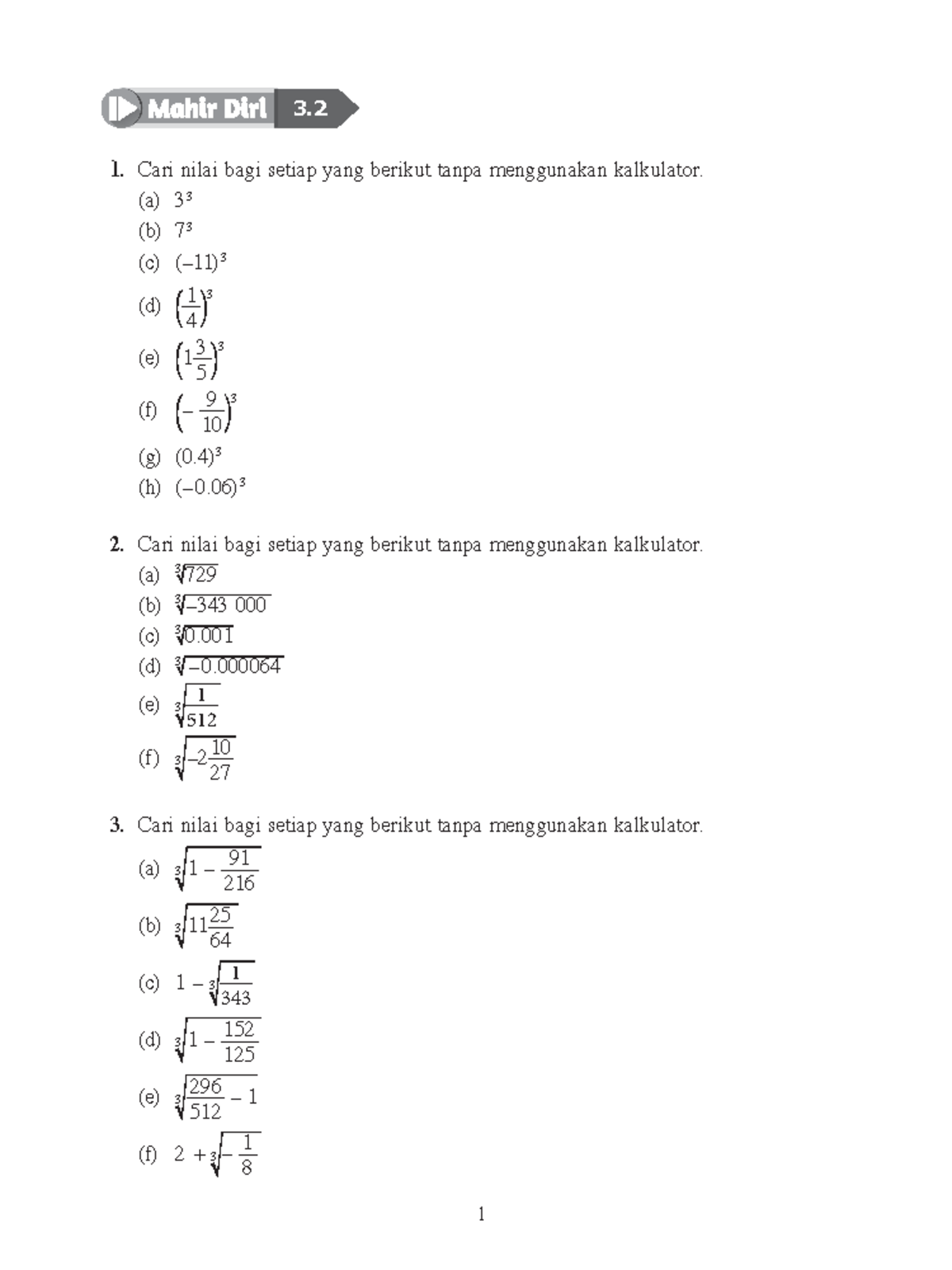 Mahir Diri matematik ting 3 - Cari nilai bagi setiap yang berikut tanpa ...