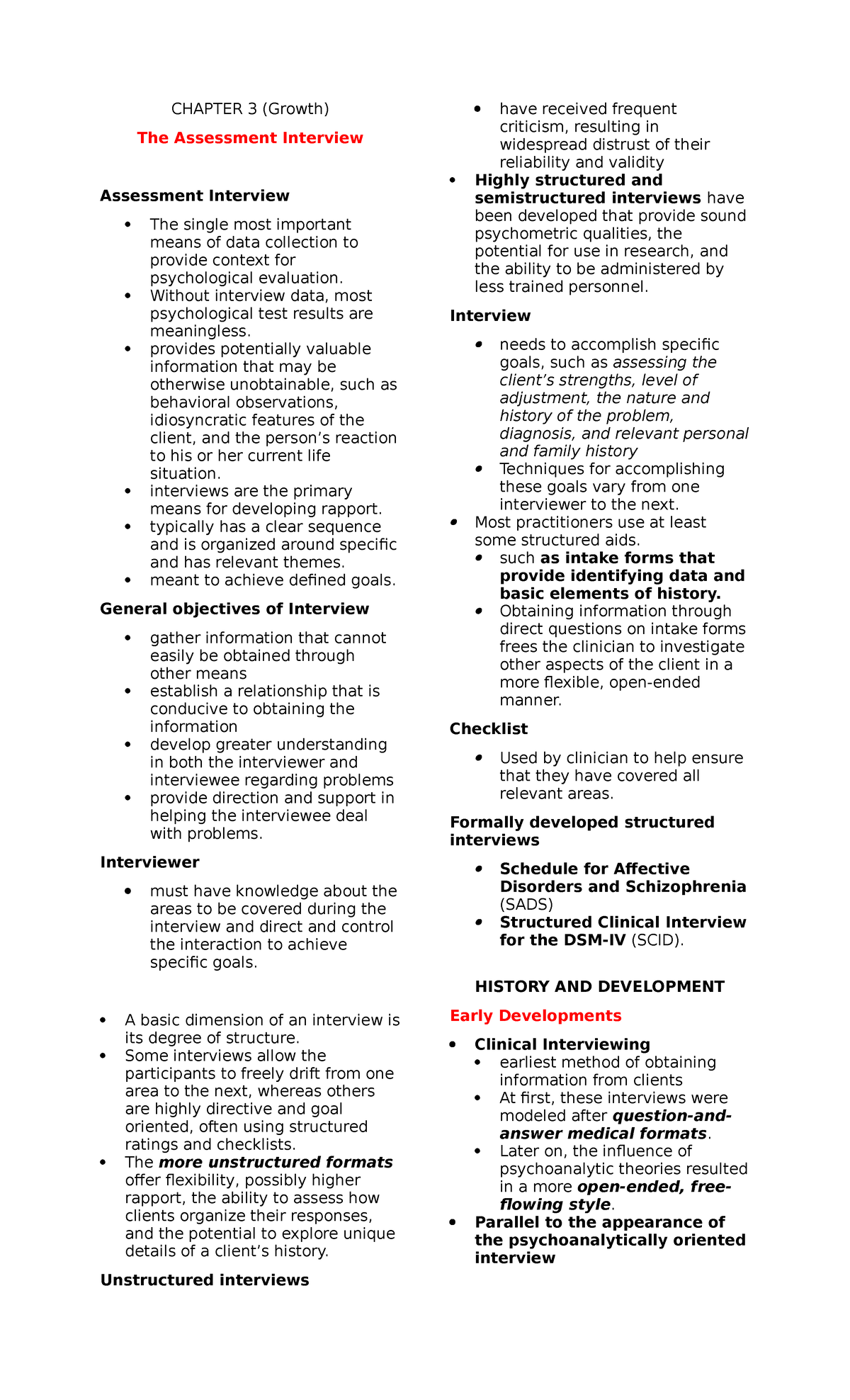Psych 162 Chapter 3 (Groth) - CHAPTER 3 (Growth) The Assessment Interview Assessment Interview ...
