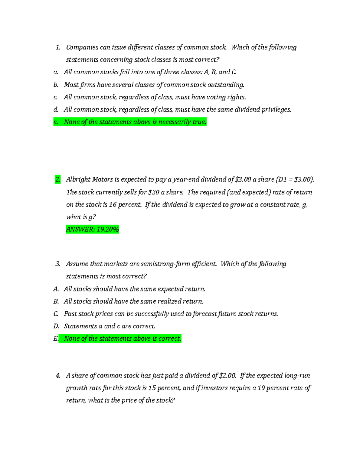 4TH EXAM Answer KEY - Companies can issue different classes of common ...