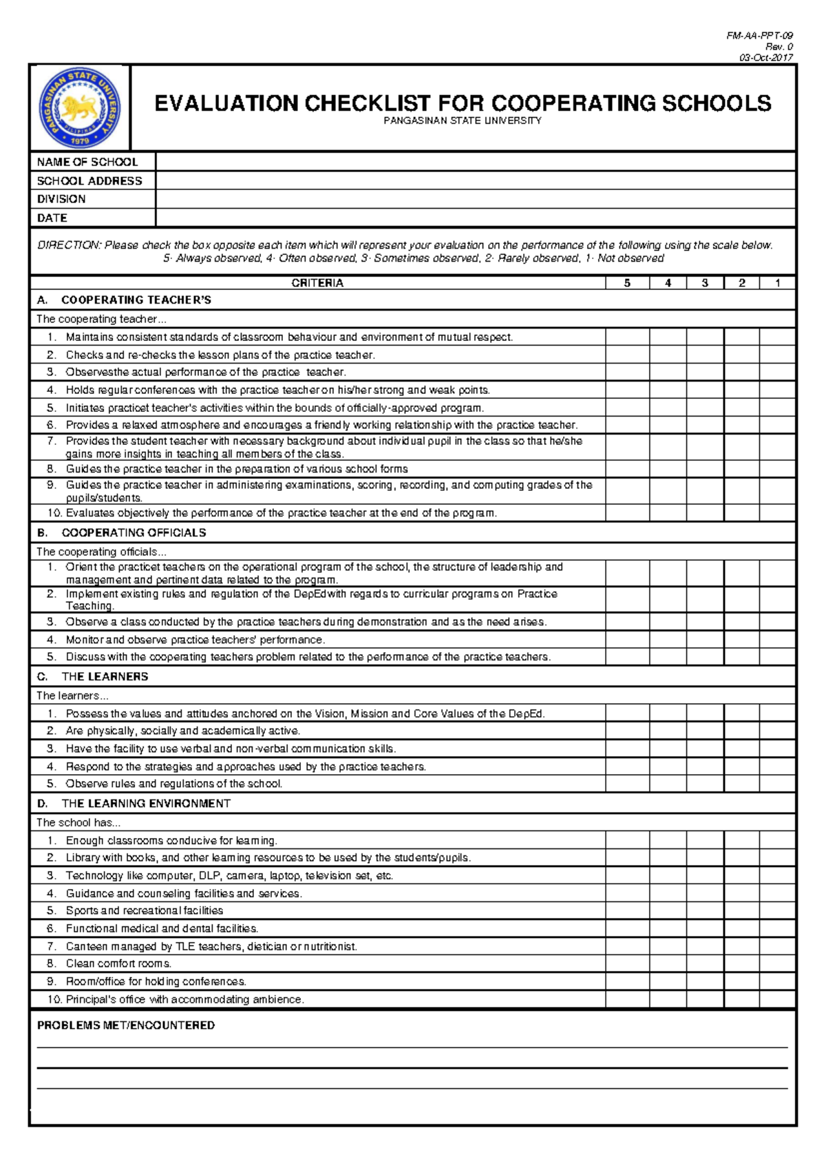 09 Evaluation Checklist for Cooperating Schools rev - FM-AA-PPT- 09 Rev ...