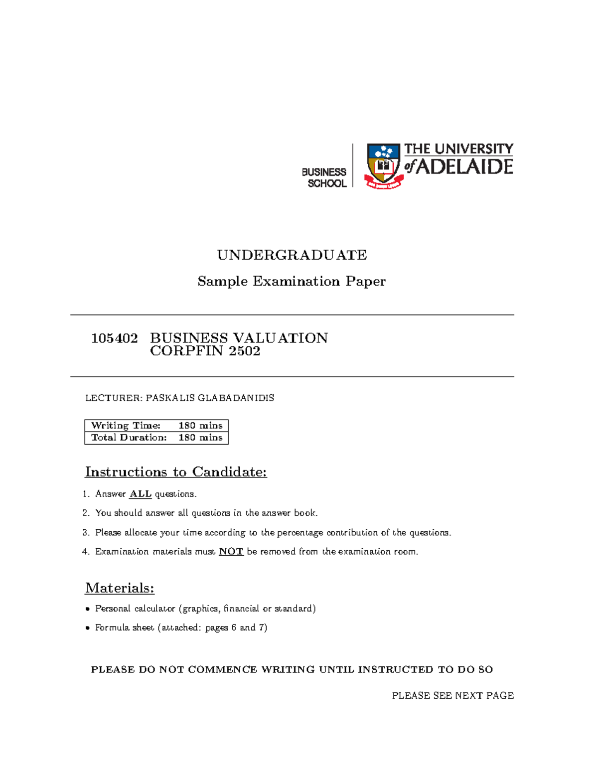 BV - Sample Final Exam - UNDERGRADUATE Sample Examination Paper 105402 ...