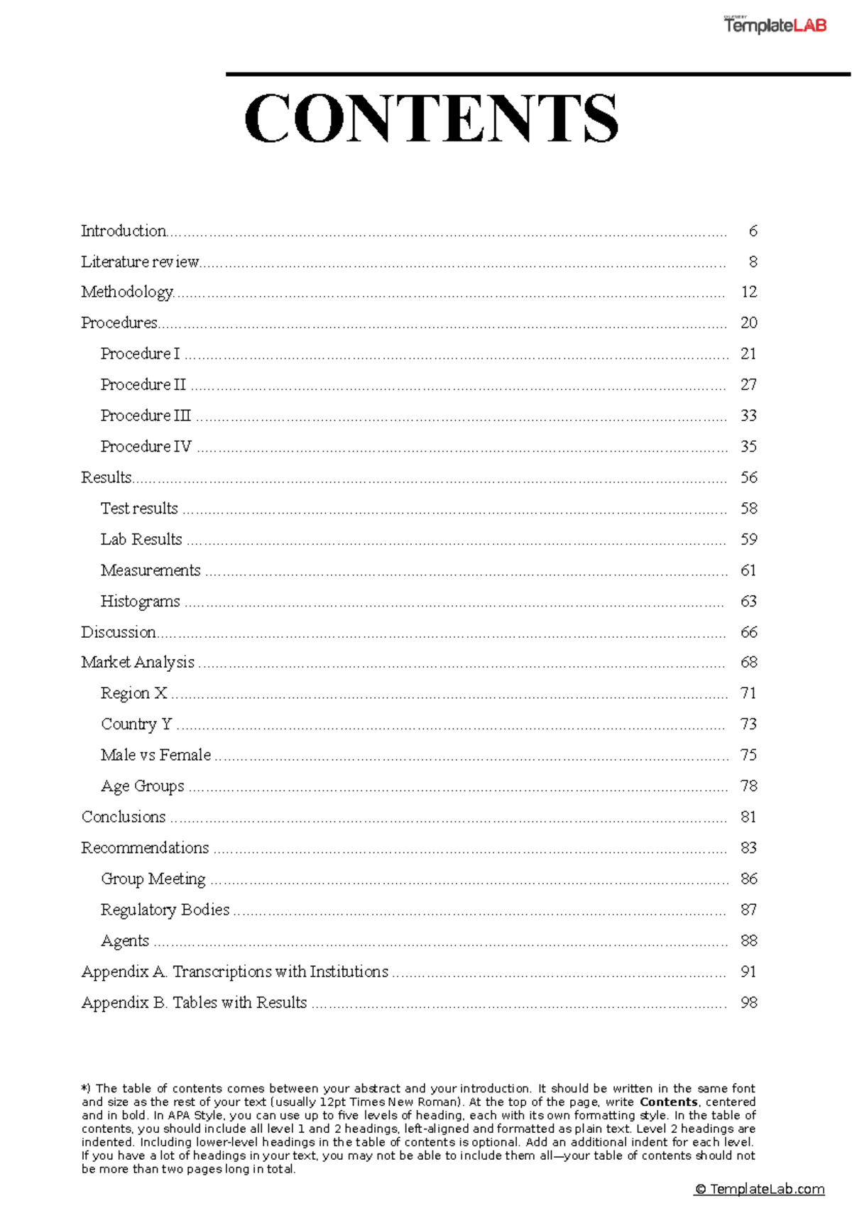 APA Table of Contents - Template Lab - *) The table of contents comes ...