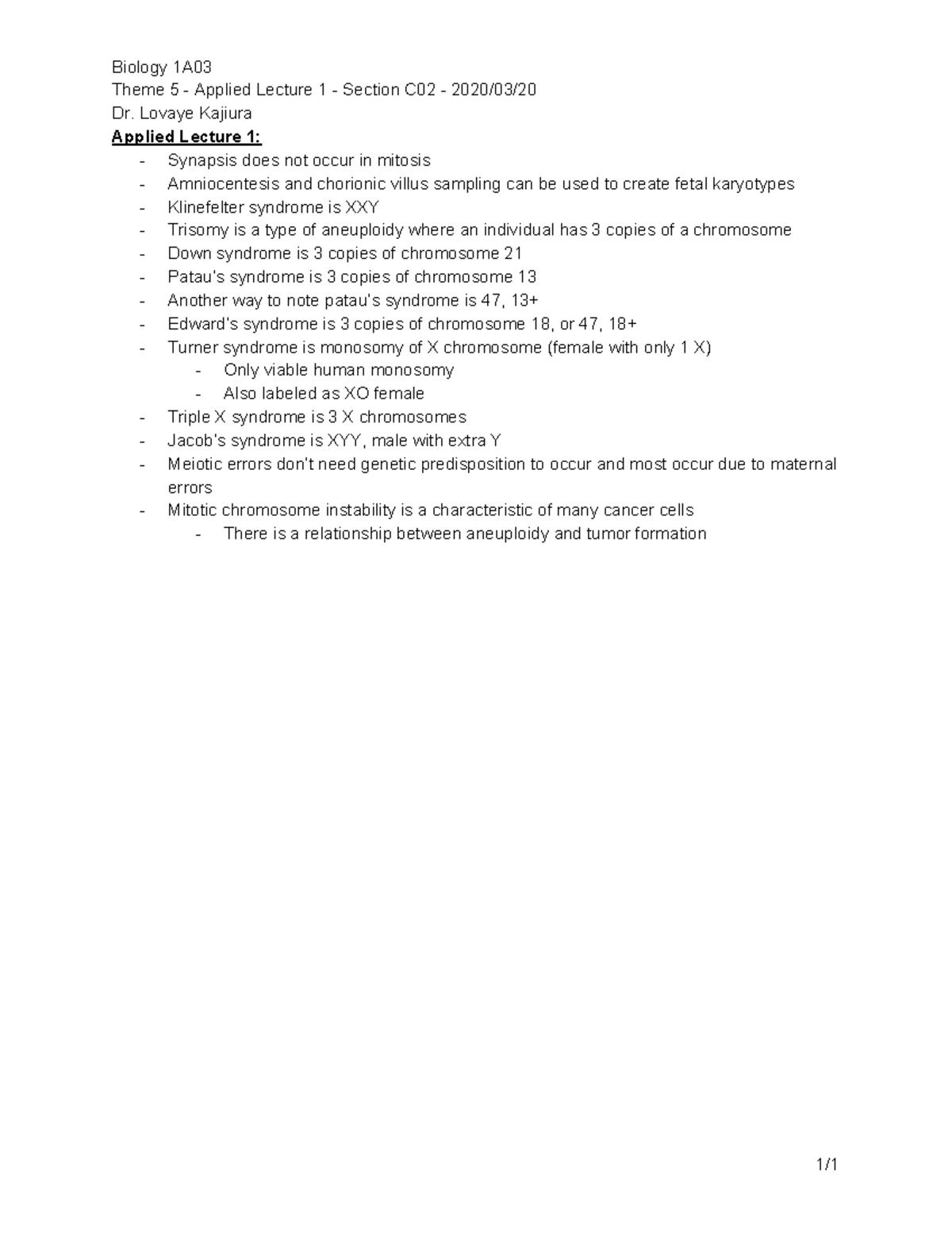 Bio 1A03 - Theme 5 Applied Lecture 1 2020-03-20 - Biology 1A03 ...
