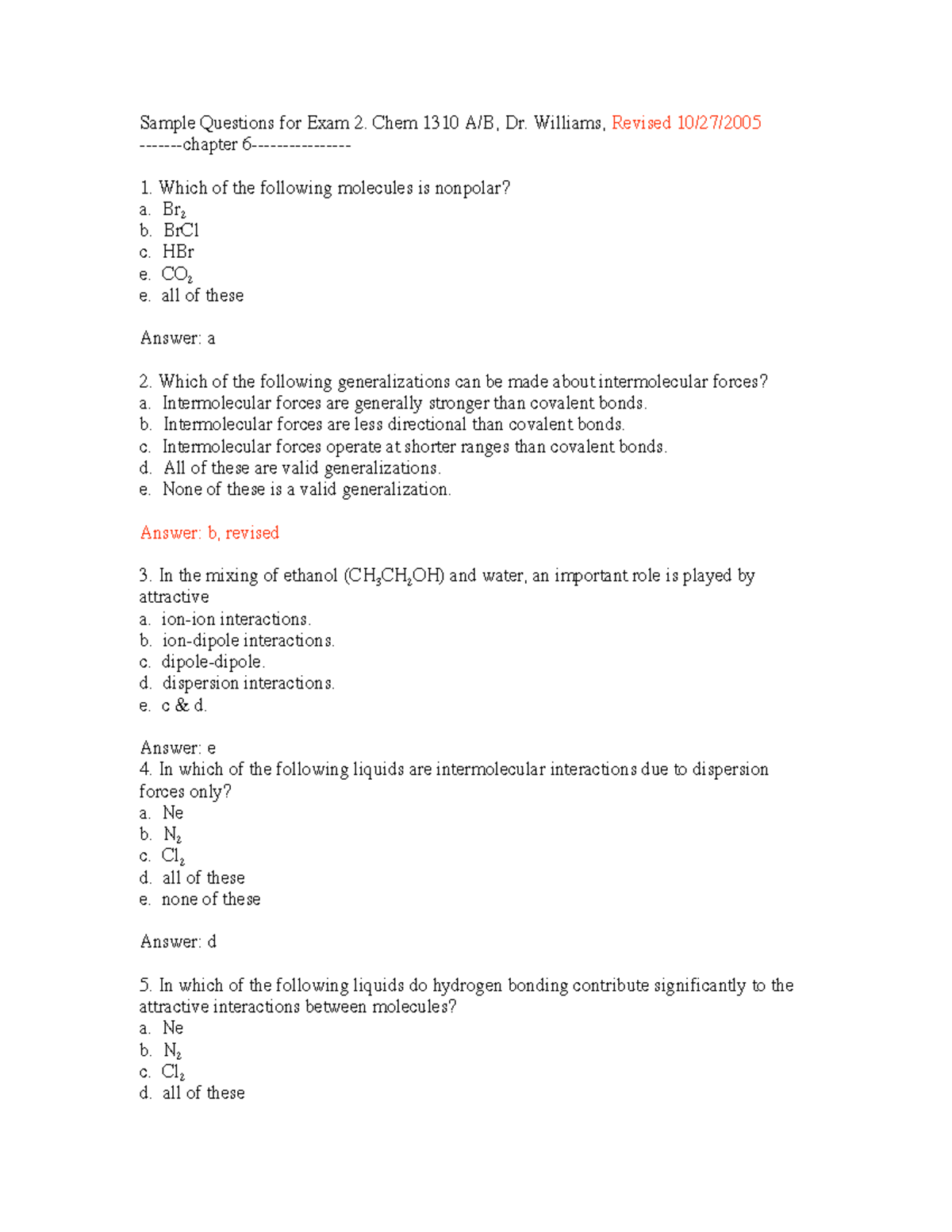 FA05 Practice Exam 2 Key - Sample Questions for Exam 2. Chem 1310 A/B ...