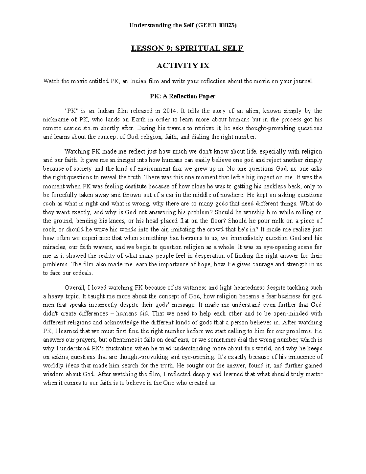 Understanding the Self (UTS) - Activity Lesson 9: "PK" Reaction Paper ...