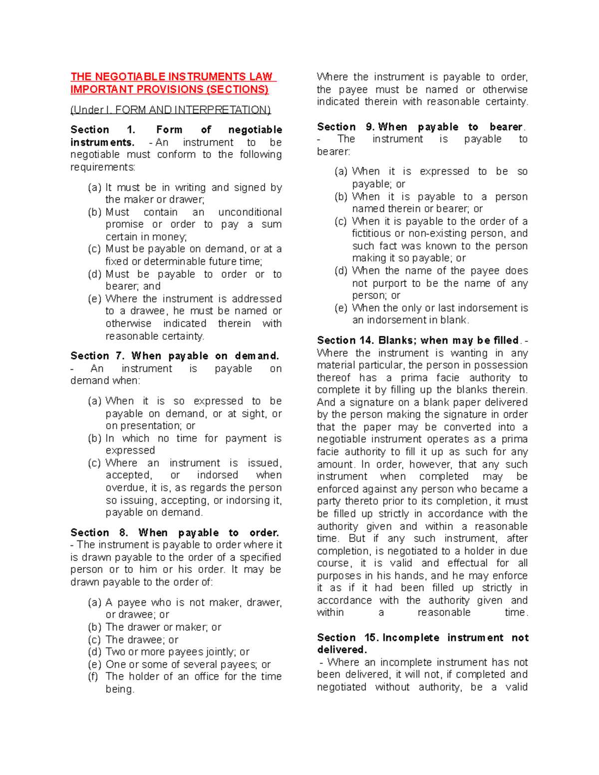 NIL Important Provisions (Sections) - THE NEGOTIABLE INSTRUMENTS LAW ...