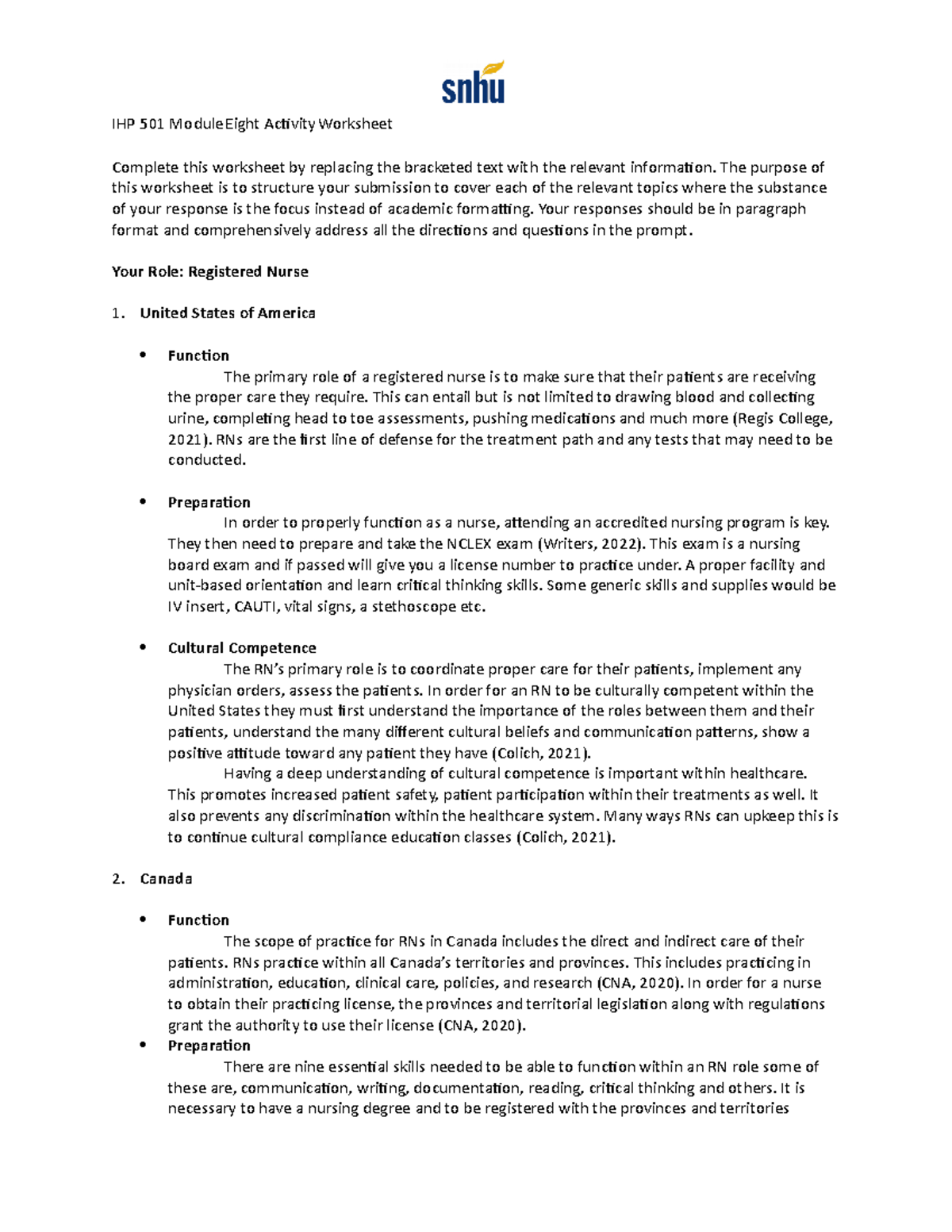 IHP 501 Module Eight Activity Worksheet - IHP 501 Module Eight Activity ...