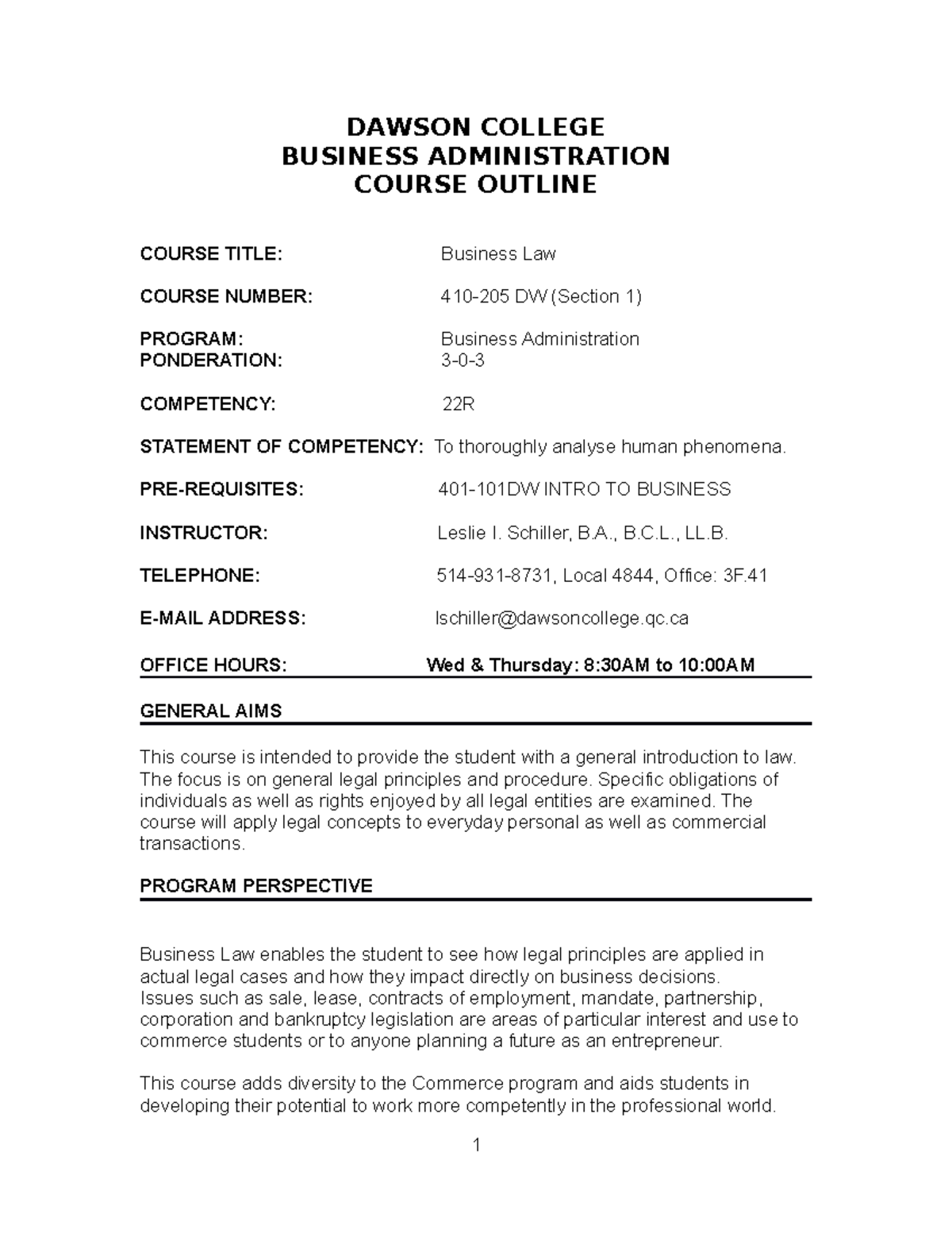 410-205-DW-Fall 2023 - Course Outline - DAWSON COLLEGE BUSINESS ...