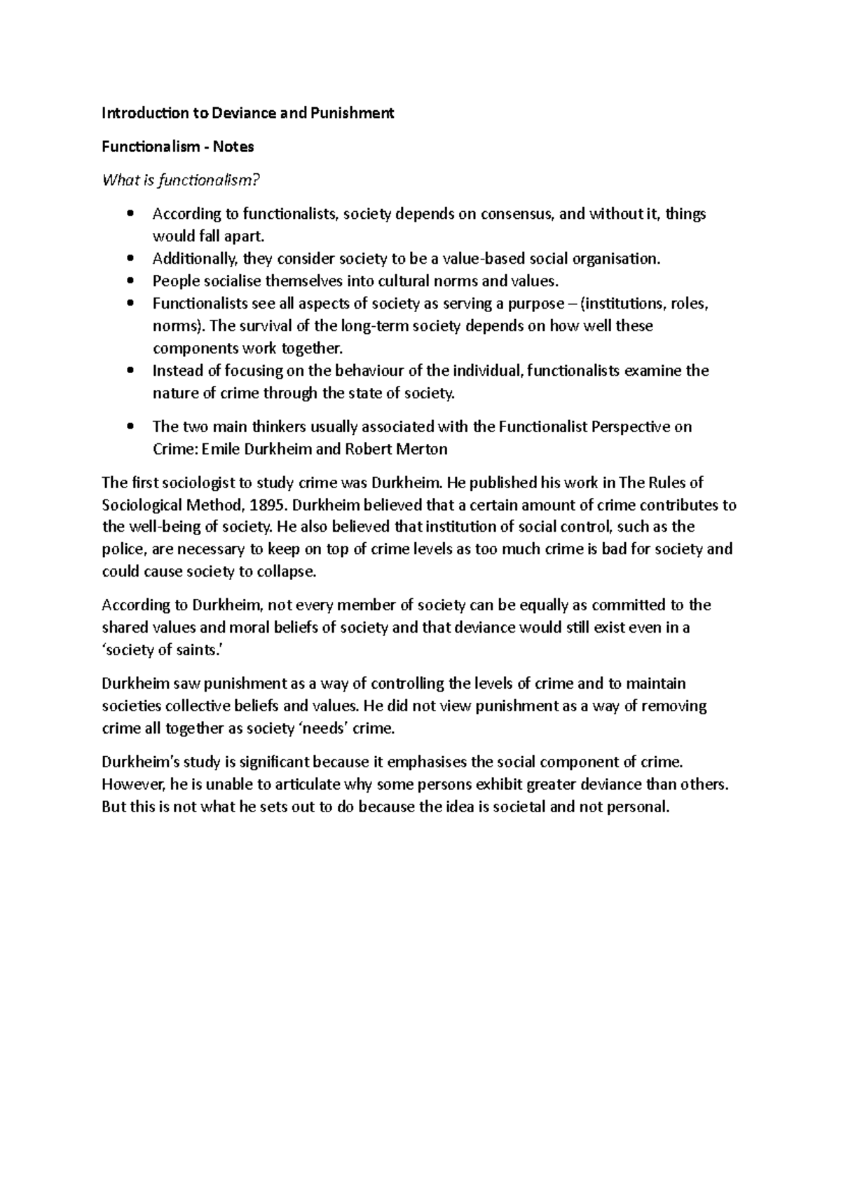 Functionalism notes - intro to deviance and punishment - Introduction ...