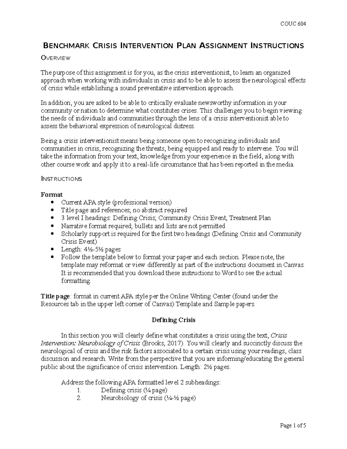 Benchmark Crisis Intervention Plan Assignment Instructions - BENCHMARK CRISIS INTERVENTION PLAN ...