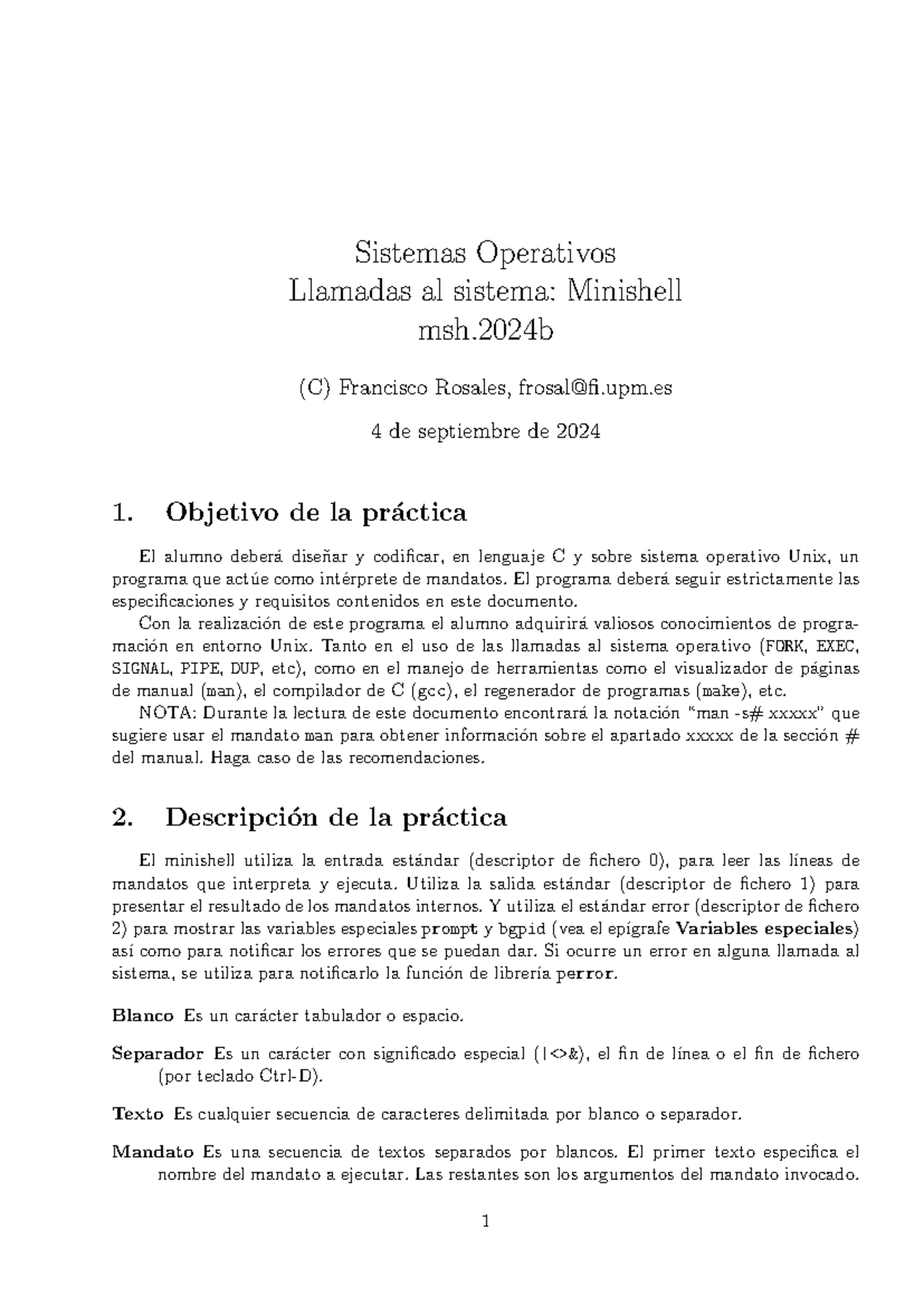 Msh - Práctica para la realización en C de un minishell. No solución, solo enunciado - Sistemas ...