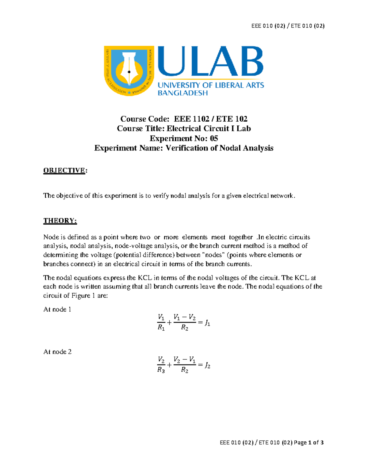 EEE 1102 EEE 102 ETE 102 - Experiment 05 - EEE 010 (02) / ETE 010 (02) EEE 010 (02) / ETE 010 ...