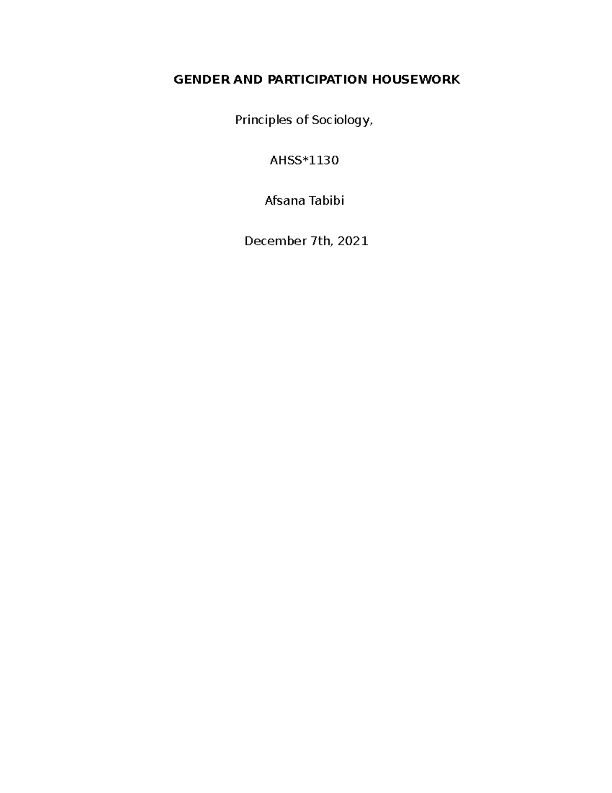 Writing Assignment #2 - Gender Participation and Housework part #2 ...