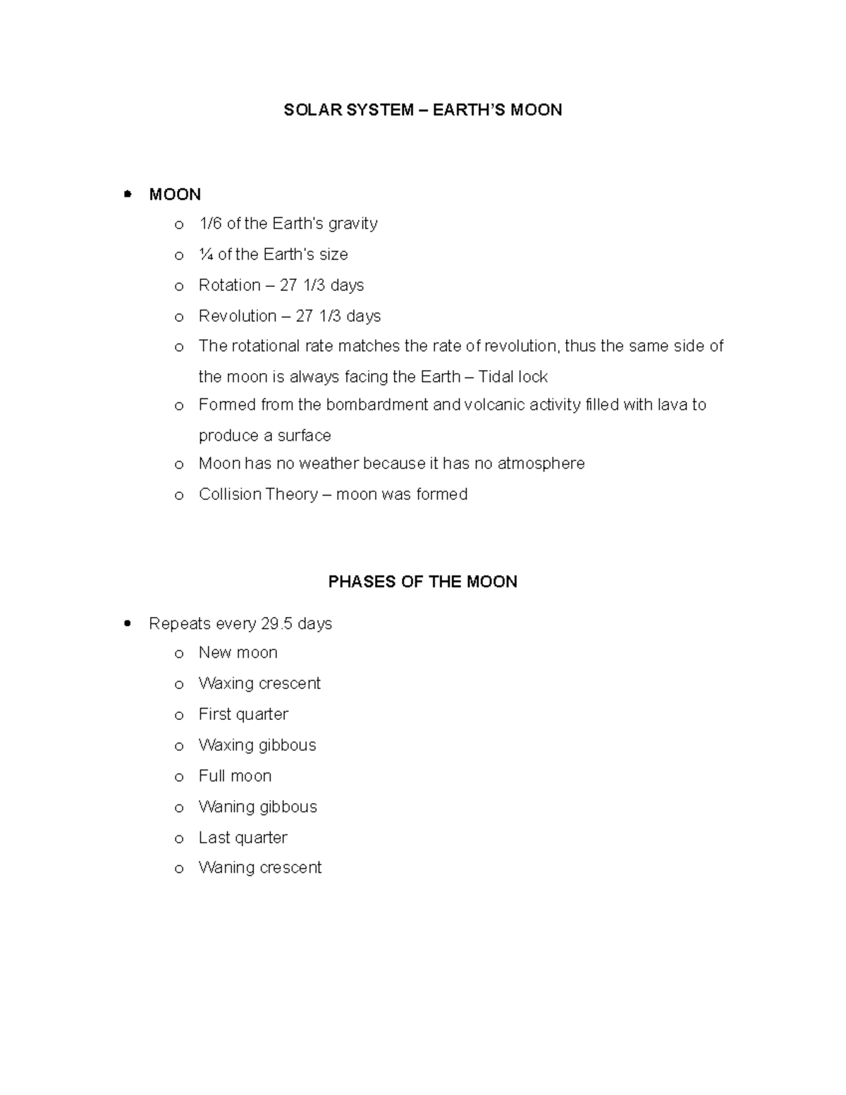 Solar System - Earth's Moon - SOLAR SYSTEM – EARTH’S MOON MOON o 1/6 of ...