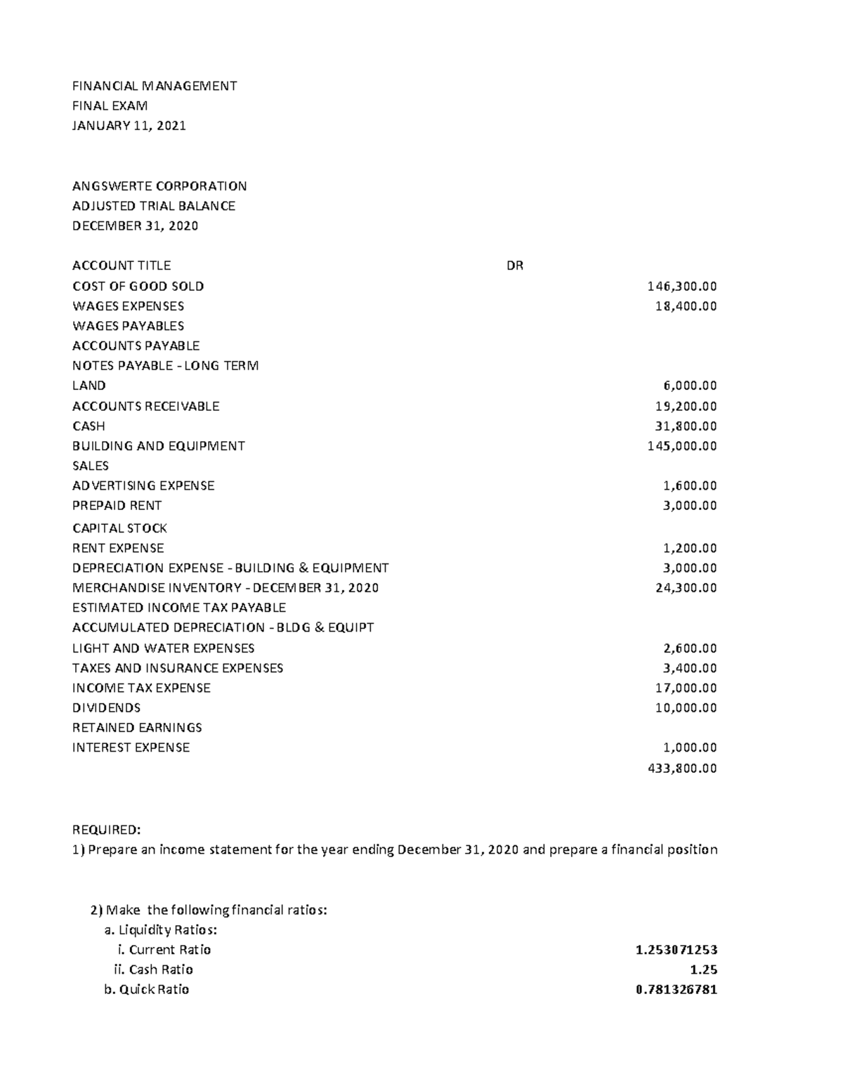 PRACTICE SET IN ACC - FINANCIAL MANAGEMENT FINAL EXAM JANUARY 11, 2021 ANGSWERTE CORPORATION ...