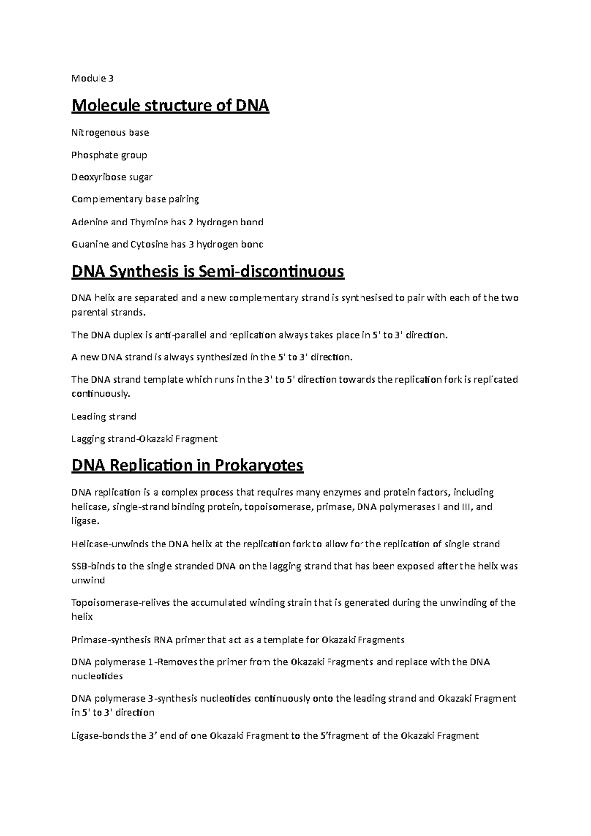 Module 3 ( BIOC2000 ) - Module 3 Molecule structure of DNA Nitrogenous base Phosphate group ...