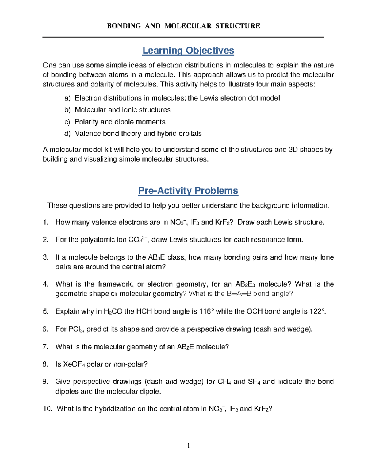 Bonding+molecular structure practice sheet - Learning Objectives One ...